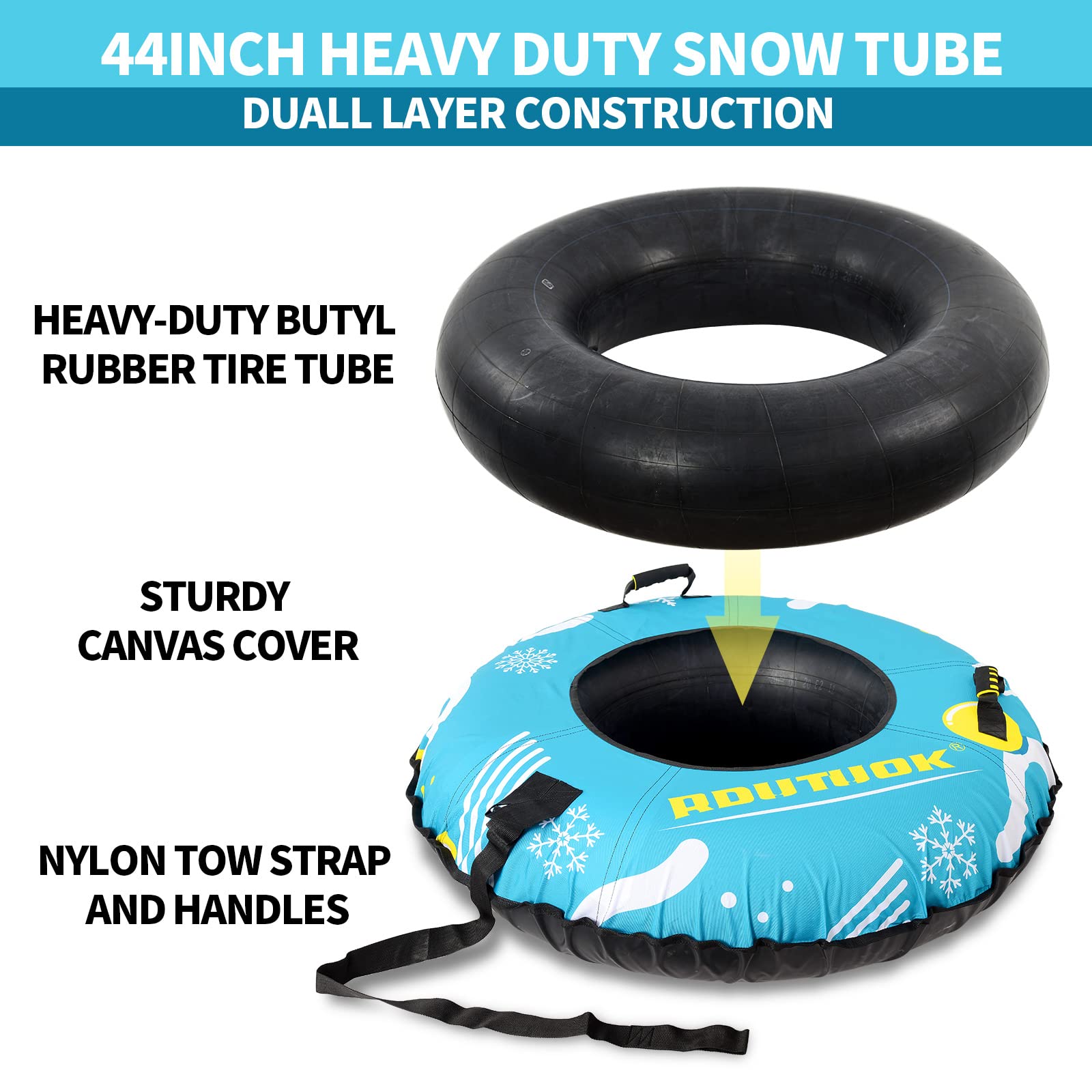 Rdutuok 47 Inch Inflatable Heavy Duty Snow Tube with Premium Canvas Cover and Nylon Tow Strap Safety Cushion Snow Tubes for Sledding