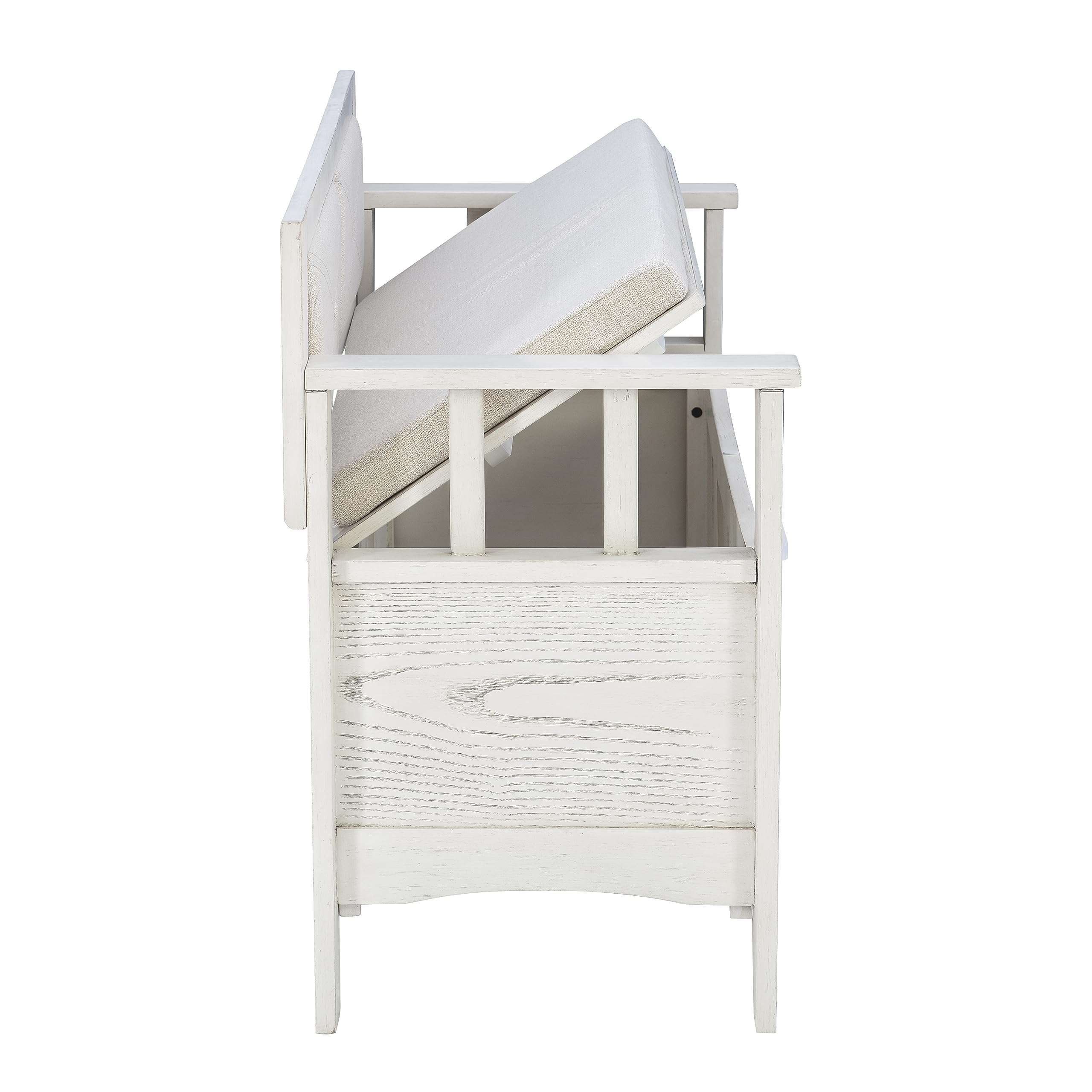 Linon Carlton White Storage Bench with Beige Upholstered Back and Cushioned Seat, Smokey Grey