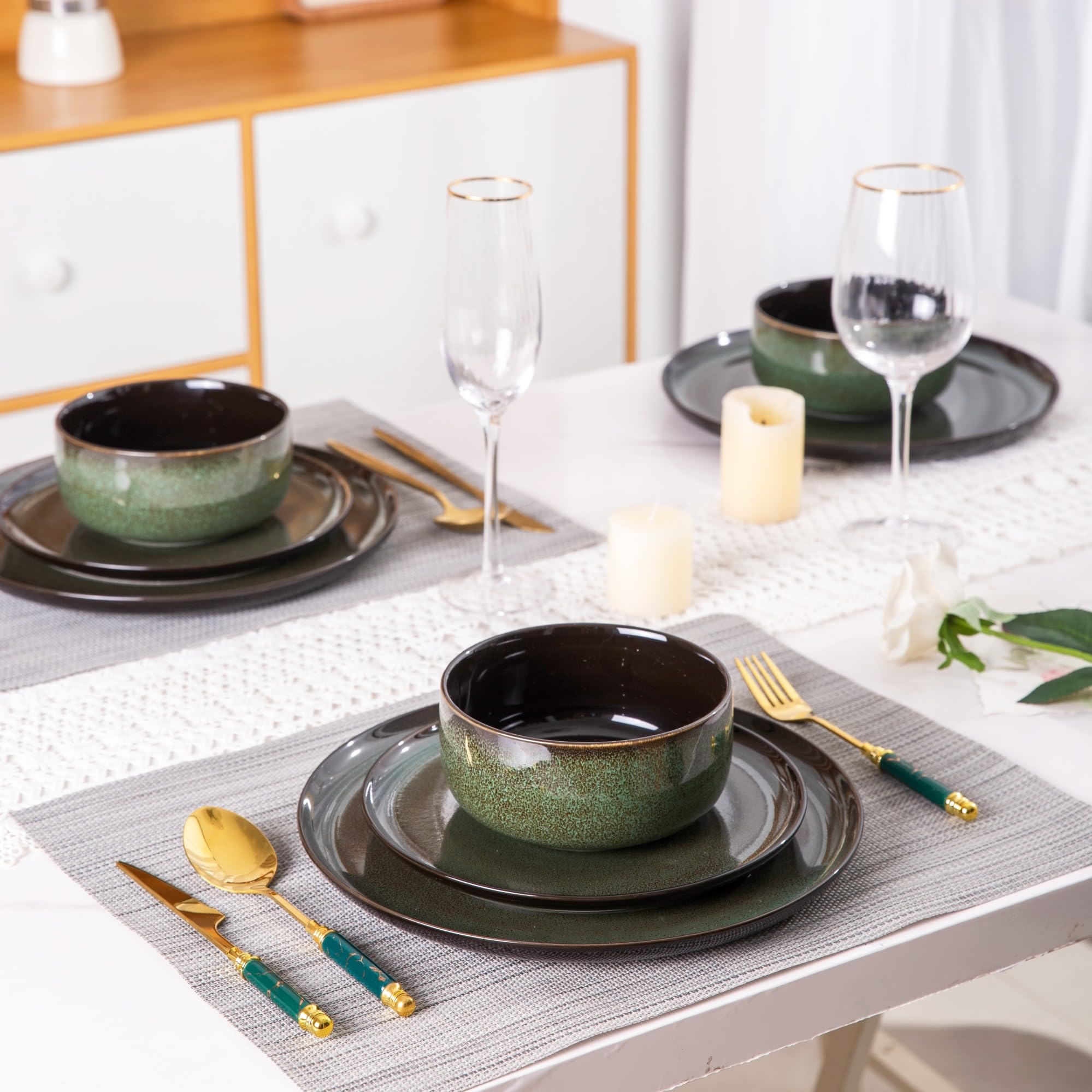 LeRatio Ceramic Dinnerware Sets of 4,Poreclain Plates and Bowls Sets,Handmade Reactive Glaze Dishes Set,Chip Resistant and Scratch Resistant | Oven&Dishwasher & Microwave Safe,Service for 4-Green