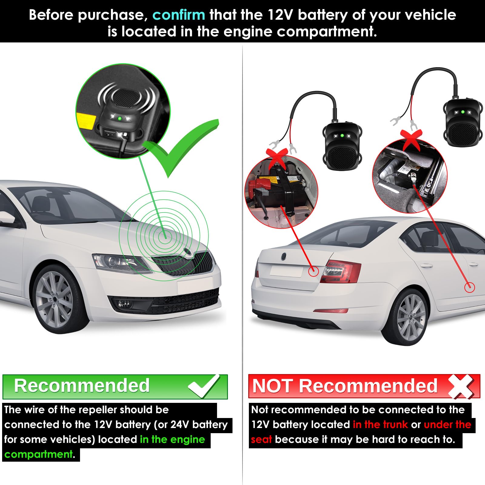 Under Hood Animal Car Repeller Rodent Electronic Repellent Ultra Sonic Rat Strobe Light Keep Mice Away from Car Pest Prevention for 12V 24V Automobile