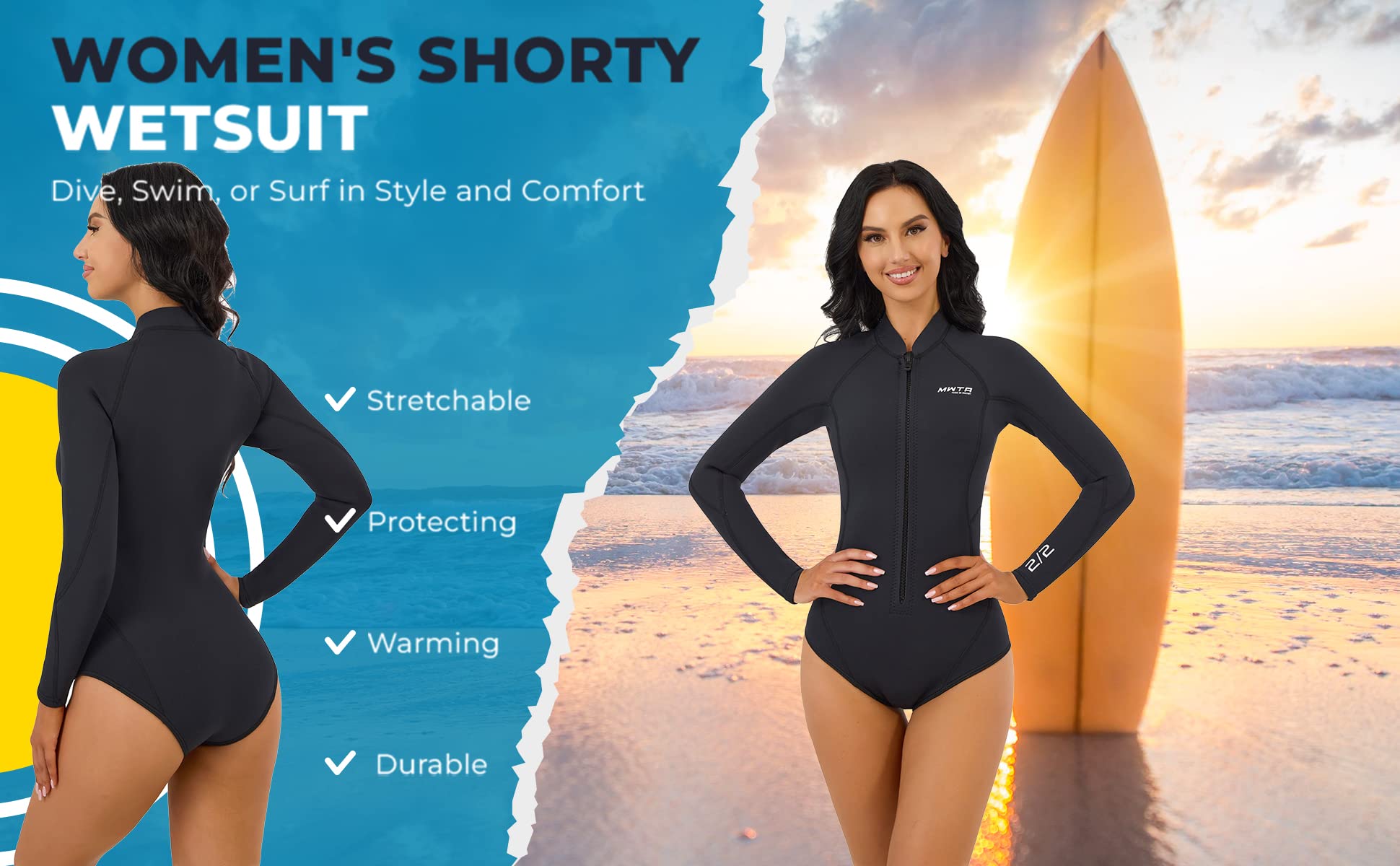 MWTA Wetsuit Women Shorty 2.0mm Neoprene Front Zipper for UV Protection Surfing Diving Snorkeling Kayaking BLK Size 8