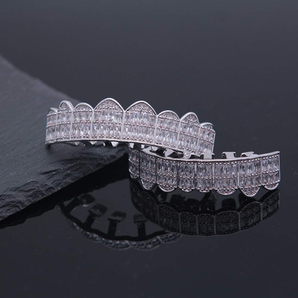 LuReen Gold Teeth Grillz Square Pave CZ 8 Teeth Top Bottom Man Women Grillz Diamonds Grillz+ 2 Extra Molding Bars for Halloween Costume Cosplay