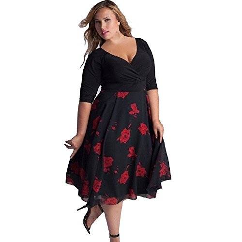 Pinkpaopao Deep V-Neck Plus Size Dress for Women Patchwork Half Sleeve Flower Mesh Swing Dress Red