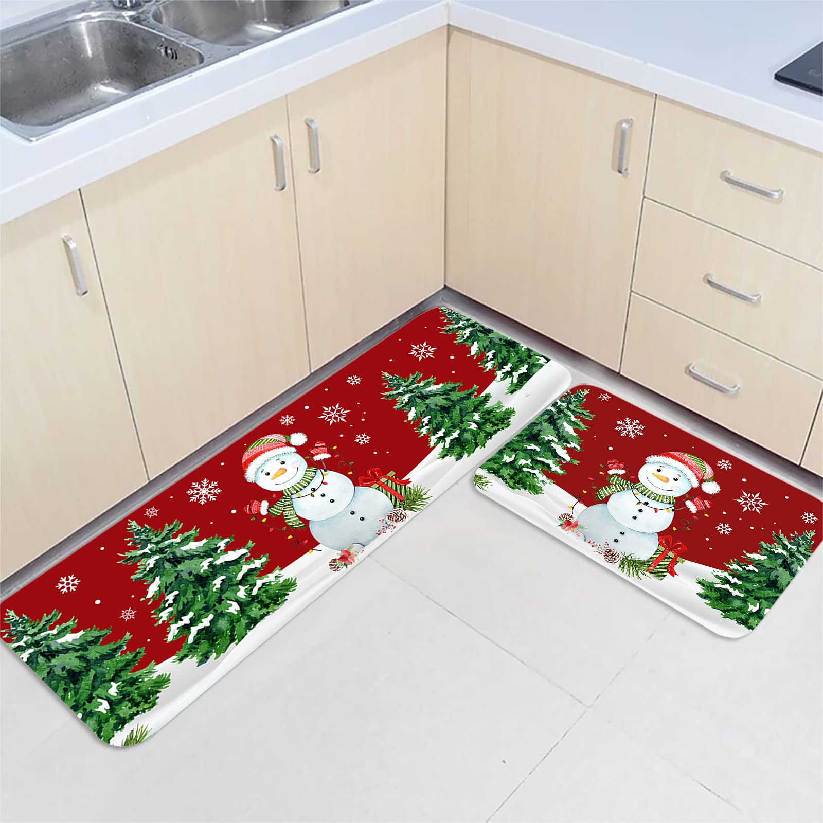 Snowman Christmas Kitchen Mats Sets 2 Piece, Xmas Snowman Tree Snowflake Red Background Kitchen Rugs and Mats Non-Slip Washable Runner Carpets for Christmas Decorations, 15.7" x 23.6" + 15.7" x 47.6"