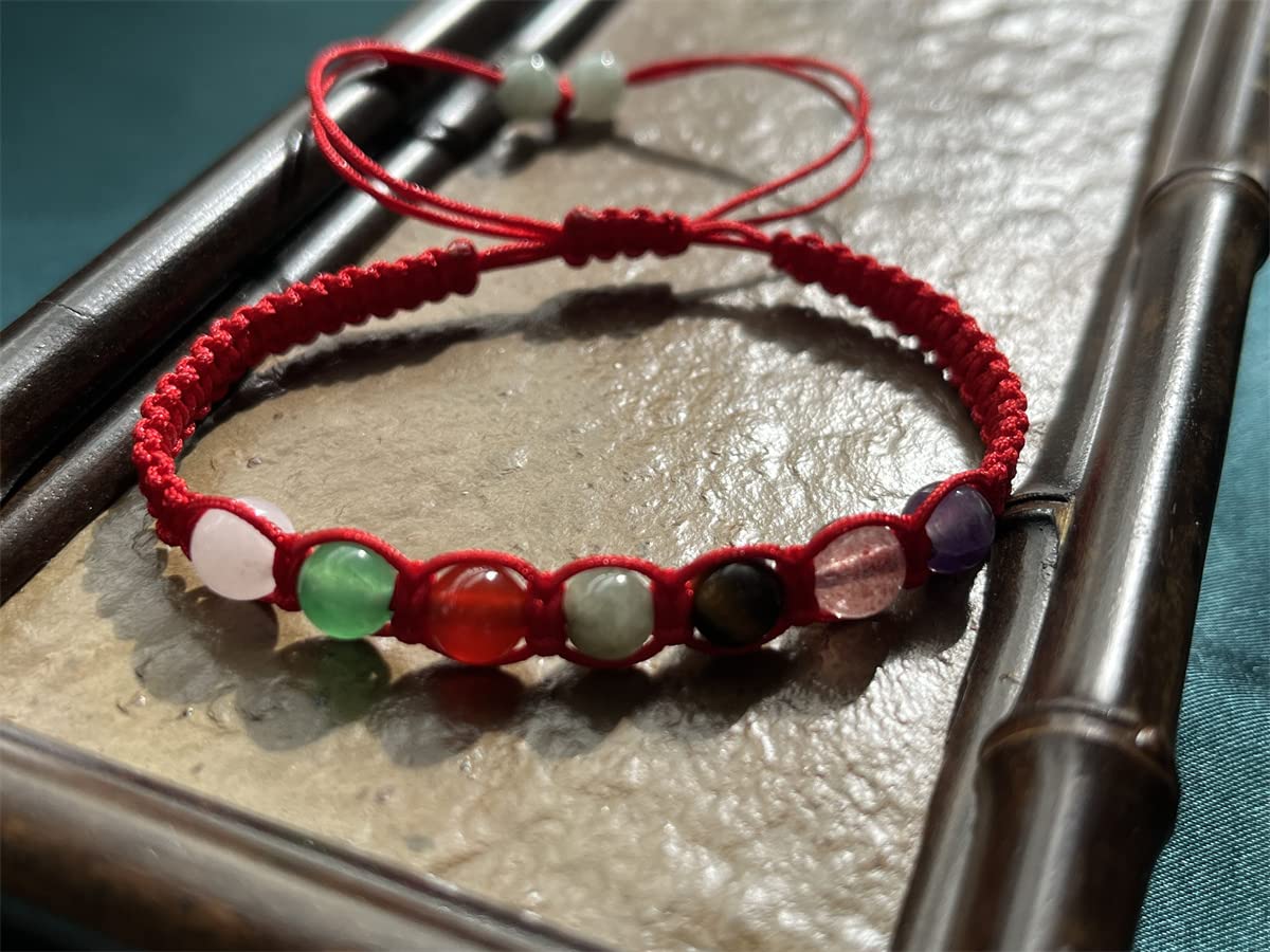 Qordelia 925 Sterling Silver Lucky Flower with 7 Chakra Gem Red String Bracelet Birthday Gift Mother's Day Gift, Adjustable, Size 2, Adjustable