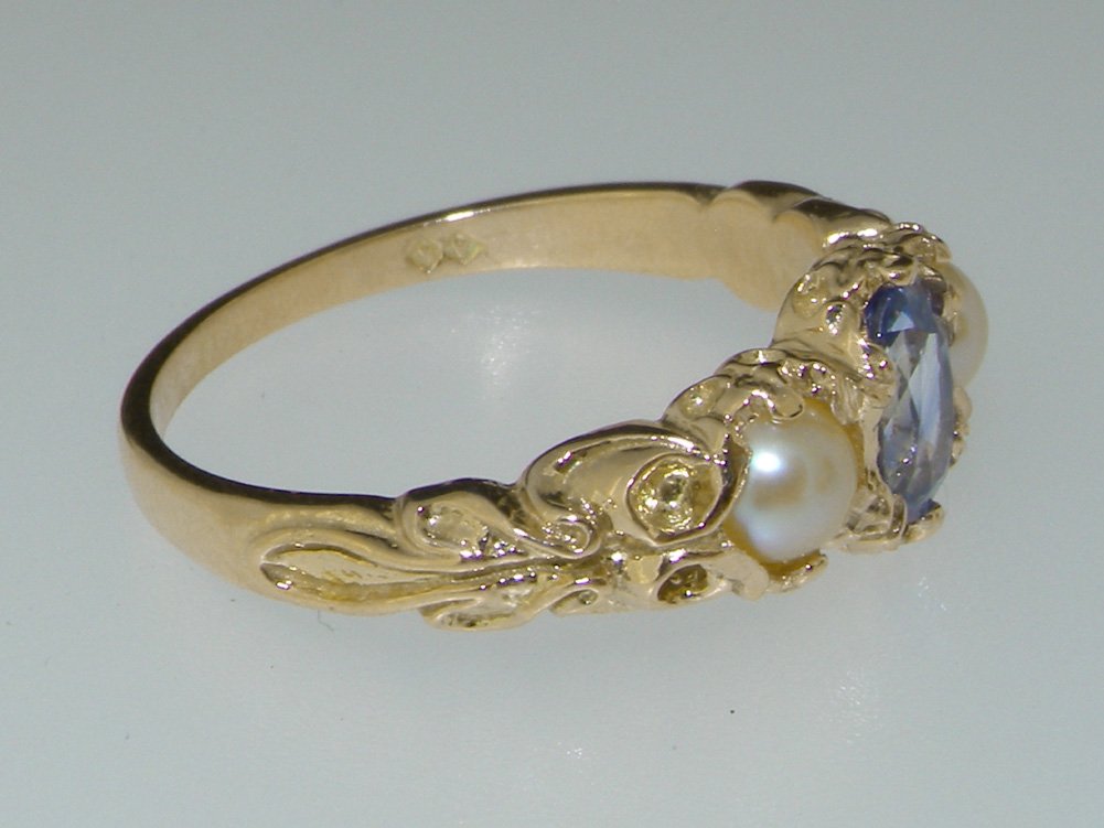 LetsBuyGold 14k Yellow Gold Real Genuine Sapphire and Cultured Pearl Womens Anniversary Ring - Size 8