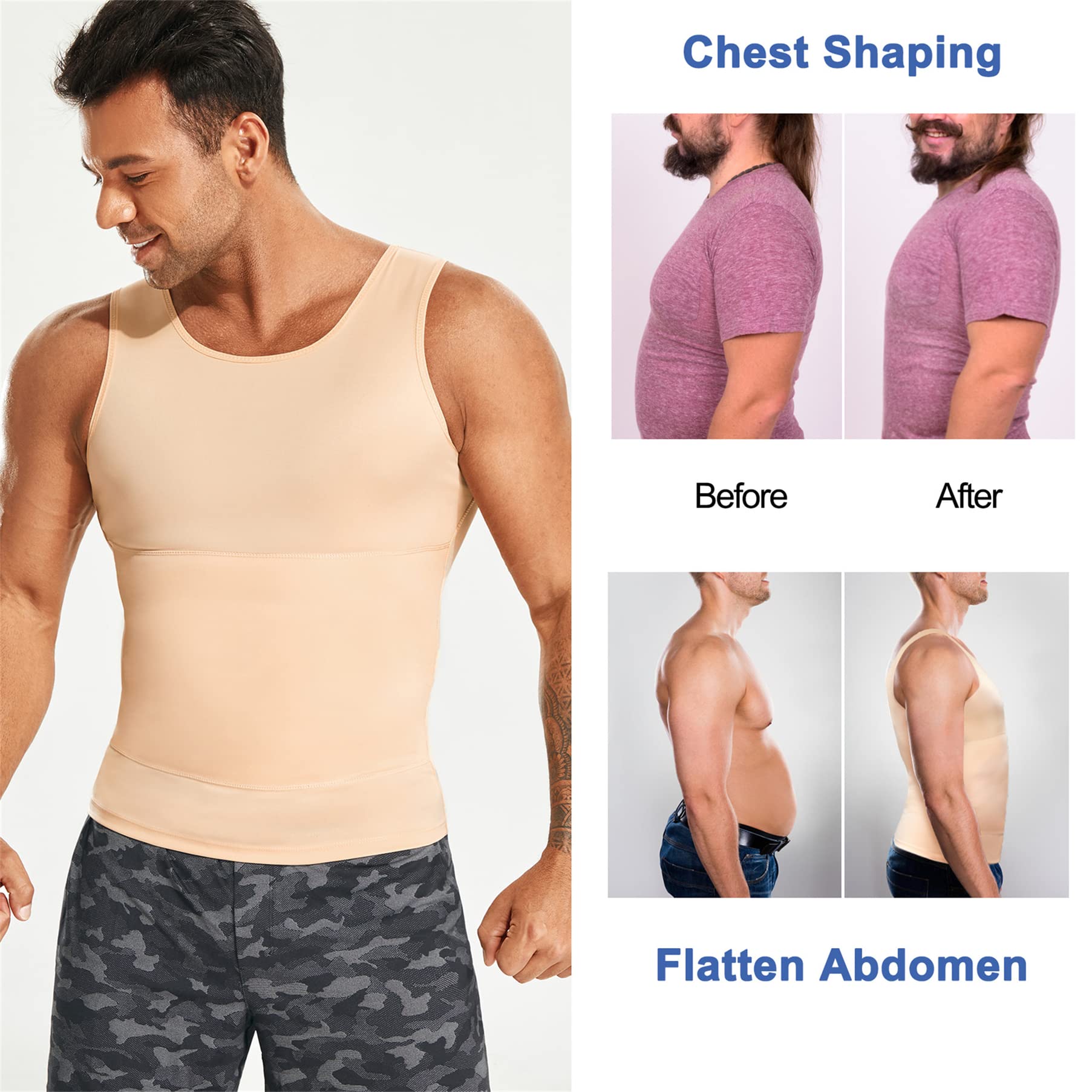 Mens Compression Shirt Slimming Body Shaper Vest Workout Tank Tops Abs Abdomen Undershirts (Beige, L)