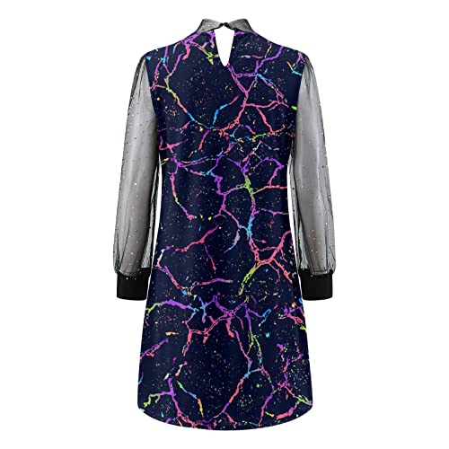 Pinkpaopao Mesh Long Sleeve Party Dress for Women Spring and Summer Graphics Printed Mini Dress Navy
