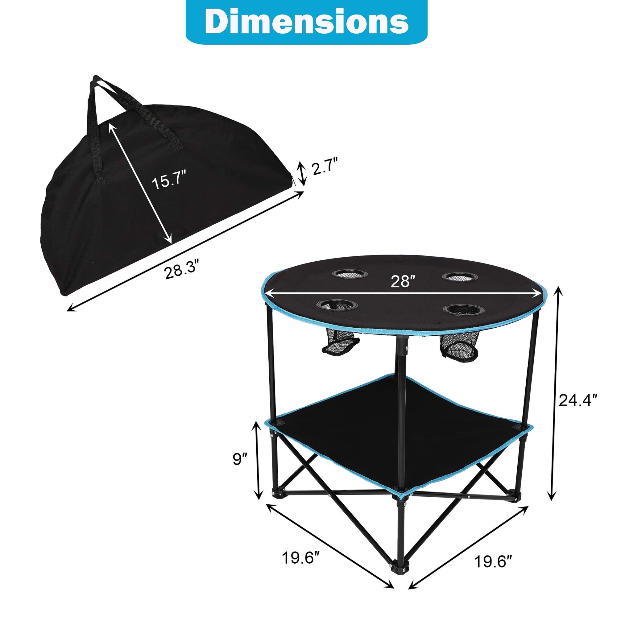 LUCKYERMORE Portable Camping Table, Folding Picnic Tables with 4 Cup Holders and Storage Rack, Carry Bag Included, Lightweight Tailgate Beach Table for Outside BBQ Picnic Beach, Black & Blue