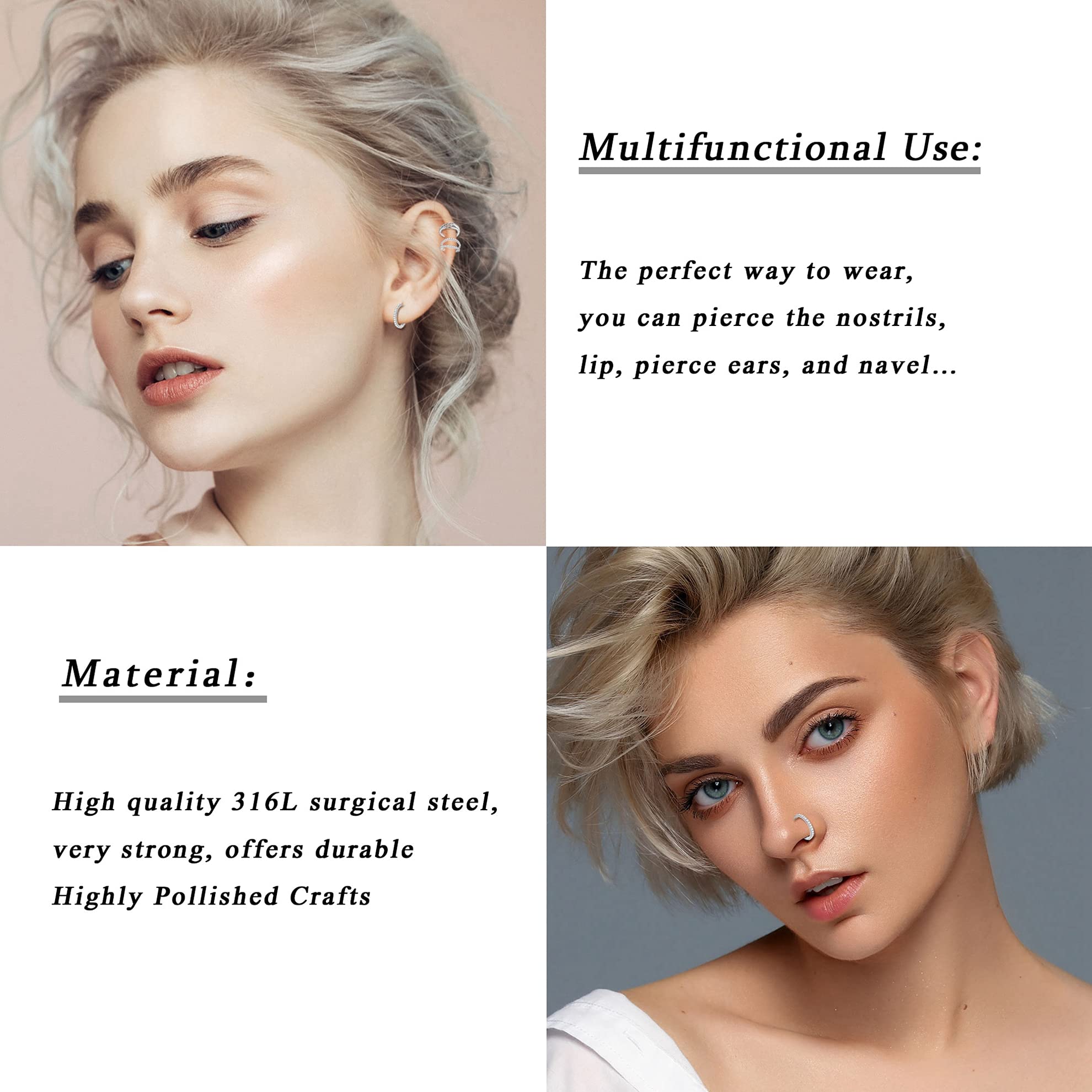 SAILIMUE 3Pcs 316L Surgical Steel Septum Clicker Nose Rings Double Open Stack Conch Daith Piercing Sleeper Earring Helix Rook Conch Cartilage Tragus Earrings Labe Nose Piercing Jewelry