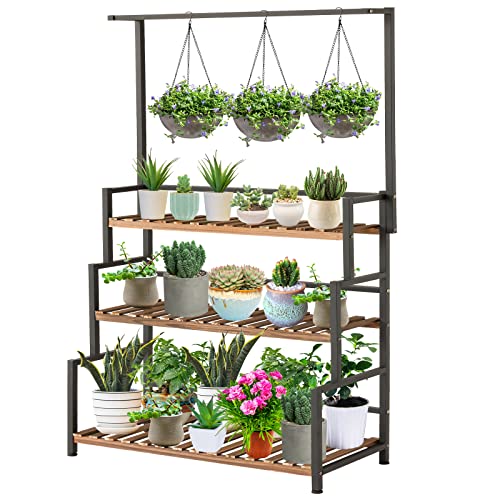 ULIKE Hanging Plant Shelves Indoor 3-Tier Stand with Bar, Flower Pot Organizer Outdoor Shelf for Multiple Plants, Wood Rack with Metal Frame for Garden Balcony Patio Bedroom Office