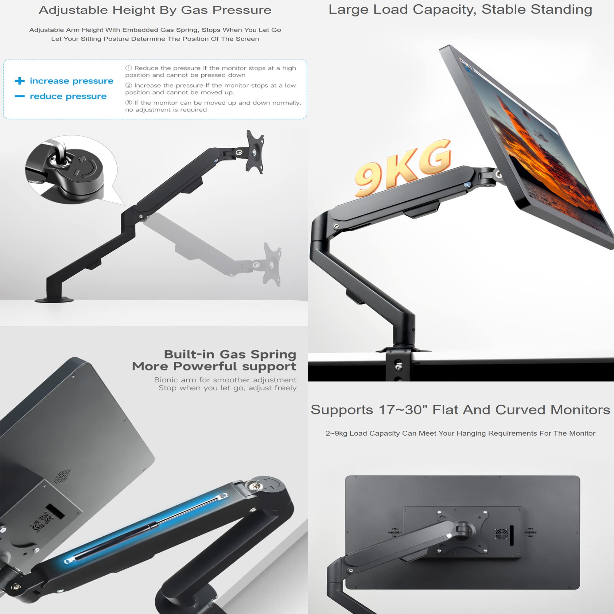 XYGStudy Gas Spring Monitor Stand Arm for 17~30 Inch Display Monitor Screen LCD Free Height Adjustment Support Multi-Angle Rotation and Expansion