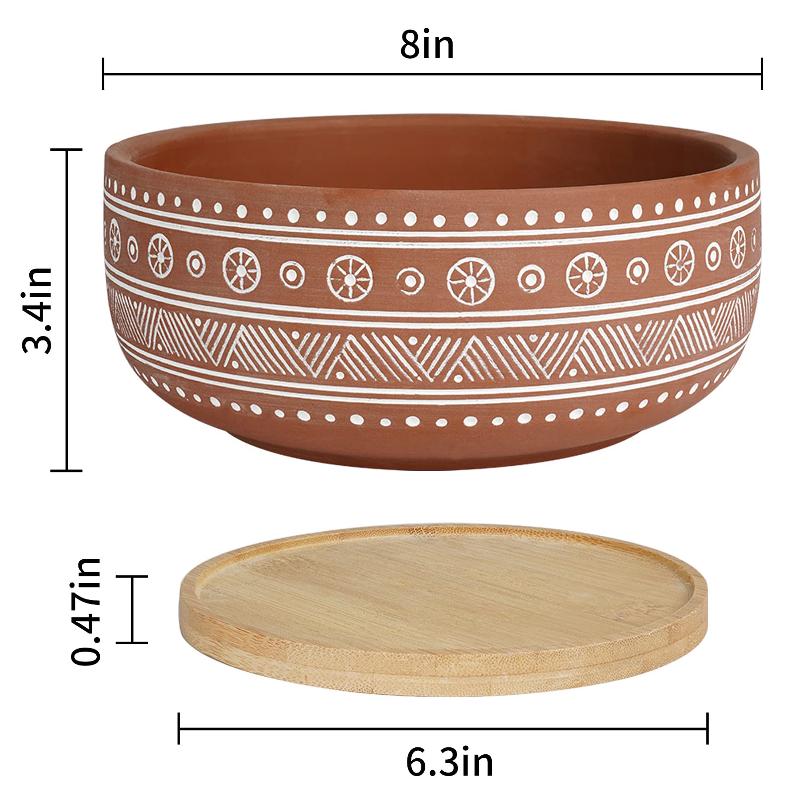 Thirtypot 8 Inch Terracotta Succulent Planter Pot with Drainage Hole and Bamboo Tray, Round Shallow Bonsai Pot for Indoor Plants