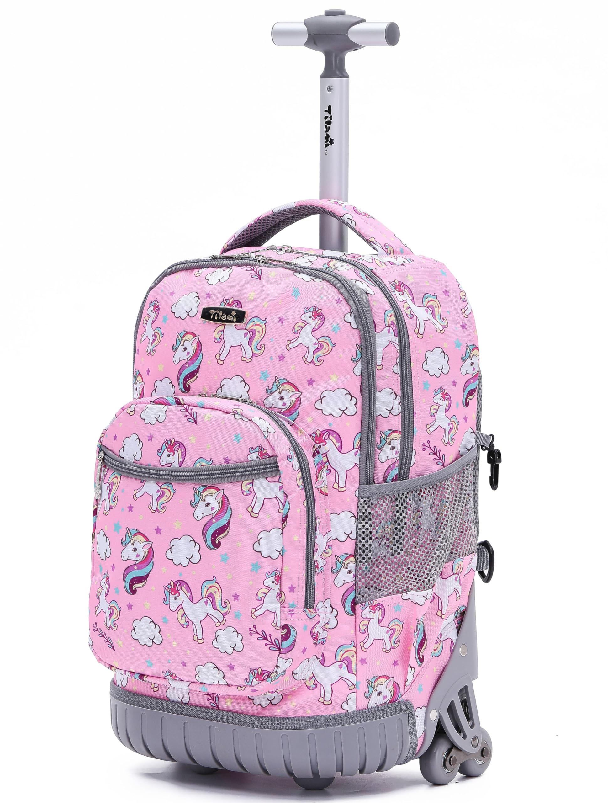 NEW TILAMI Unicorn Rolling Backpack for Kids, 18 Inches Adjustable Laptop Backpack with Wheels for Girls to School Travel Camping Boys Rolling Backpack