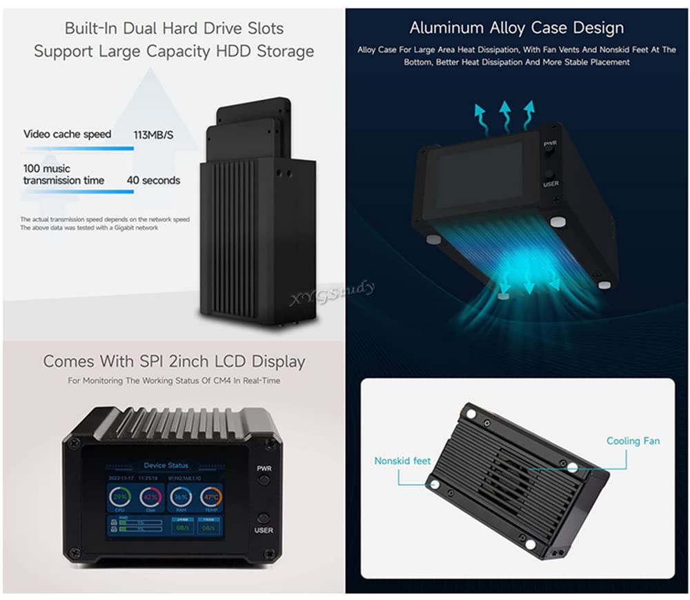 XYGStudy Network Attached Storage (NAS) All-in-One Mini-Computer for Raspberry Pi Compute Module 4, Personal Network Storage Server (CM4104008 Module Not Included) (CM4-NAS-Double-Deck)