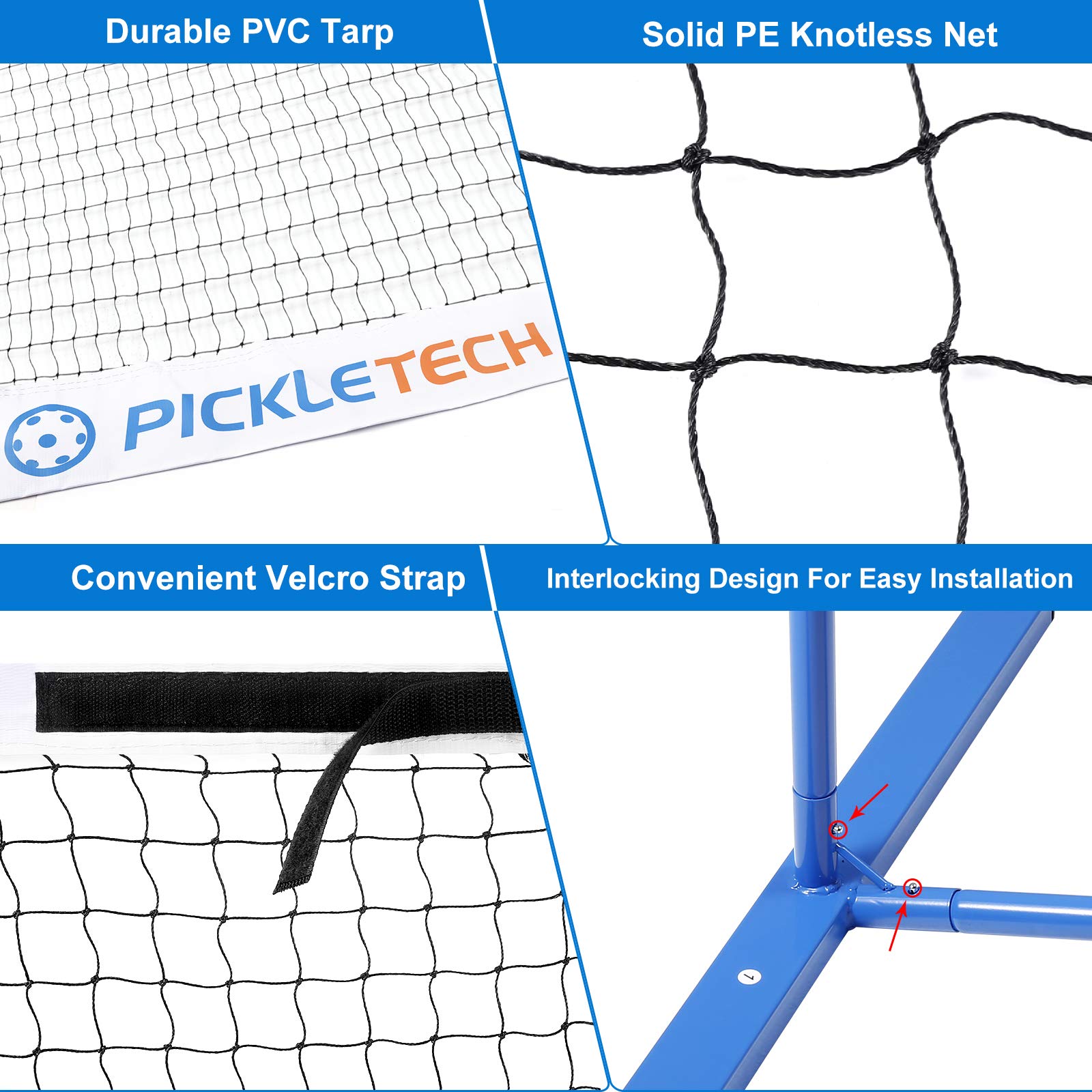 PICKLETECH Portable Pickleball Net Outdoor 22FT Regulation Size Set 3.0 Reinforced Version (Blue)