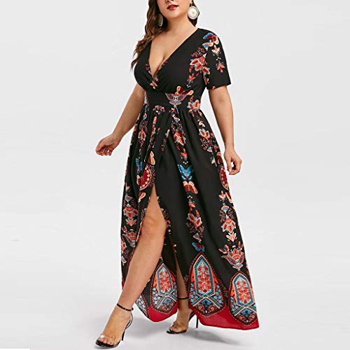 Pinkpaopao Plus Size Short Sleeve Dress for Women Butterfly Pattern Long Dress Deep V Neck Pleated Split Maxi Dress