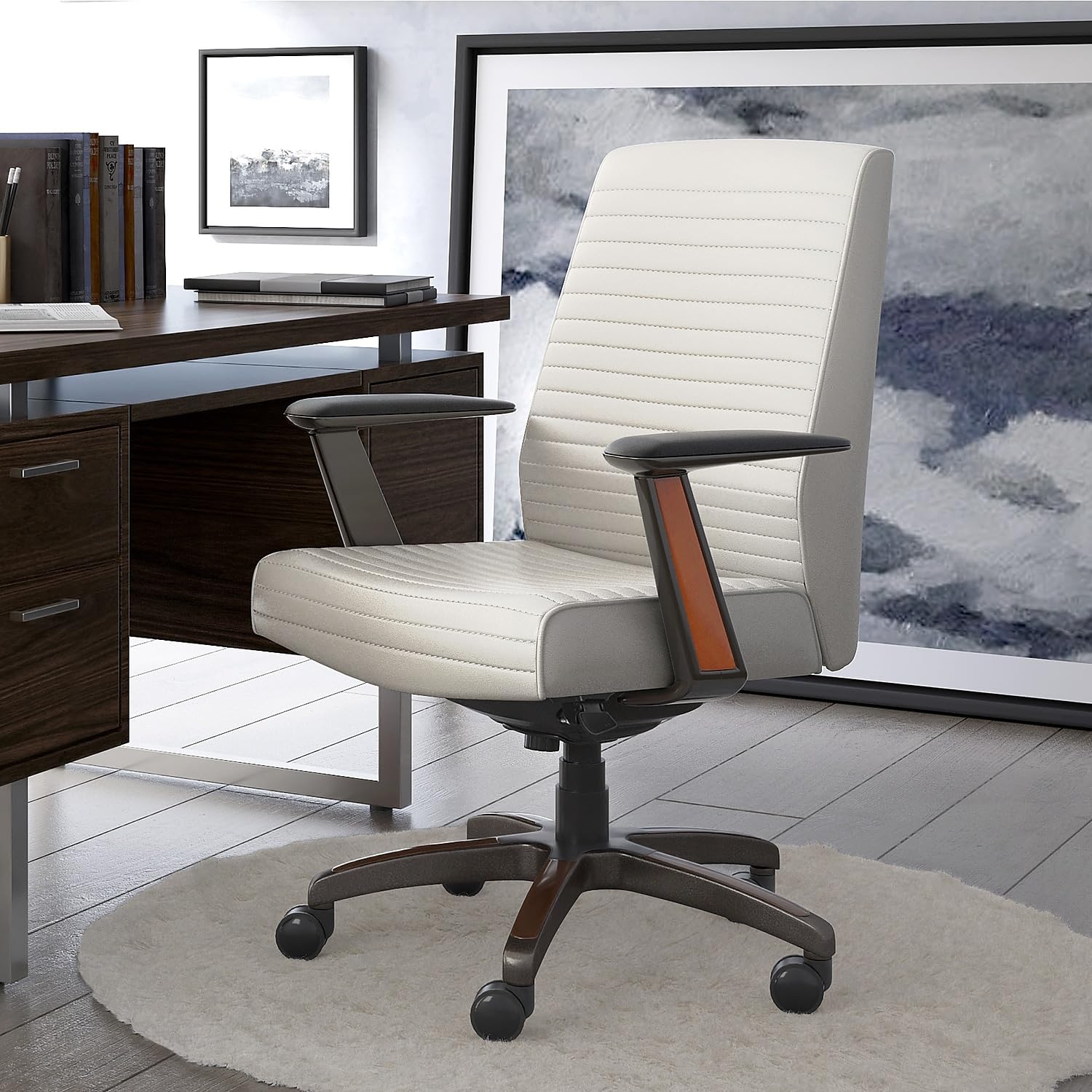 La-Z-Boy Emerson Modern Executive Office Chair with Rich Wood Inlay, Ergonomic High-Back Lumbar Support, Bonded Leather, White