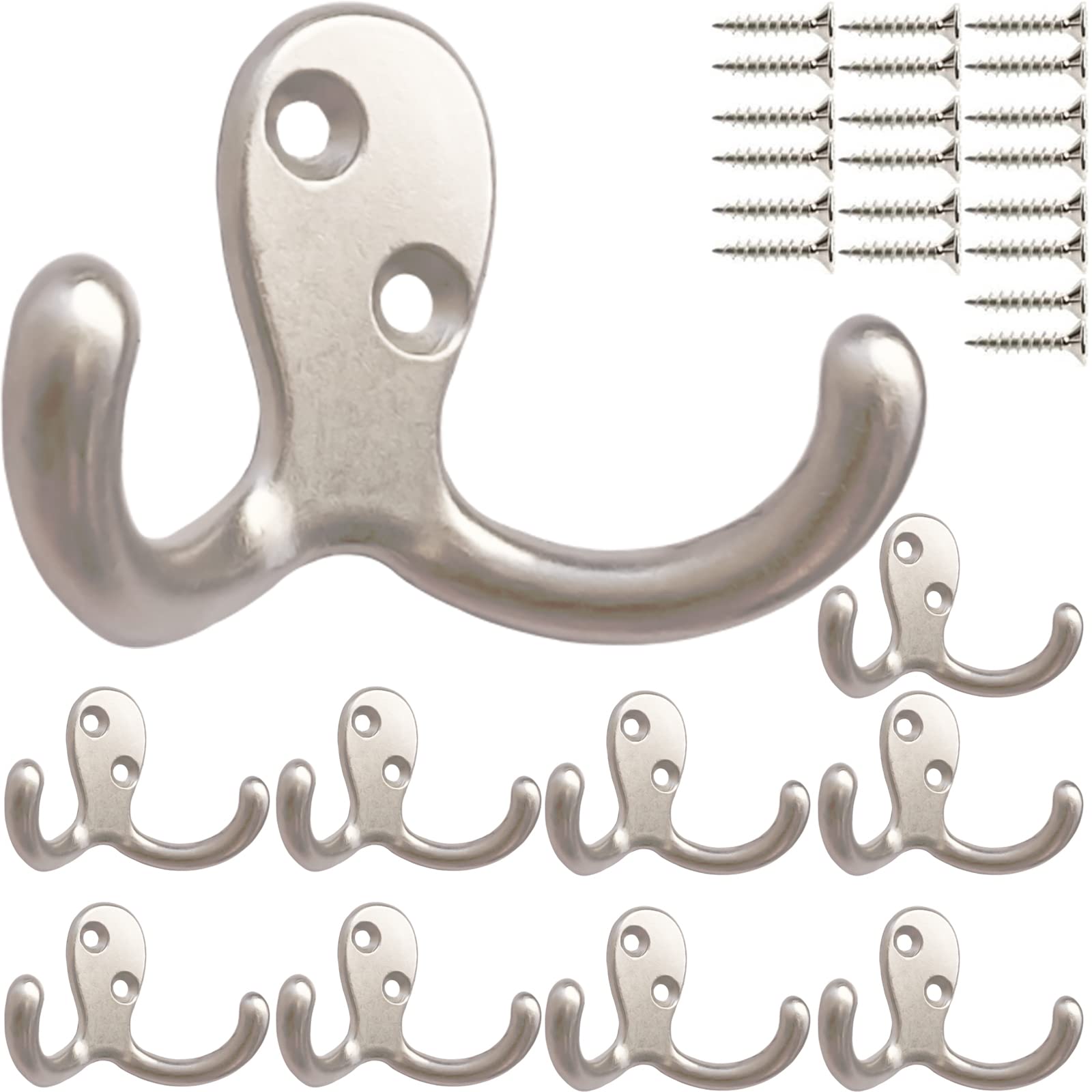 MsBong 10pcs Coat Hooks Hardware, Wall Hooks Heavy Duty Hooks for Hanging Coats Double No Rust Hooks Wall Mounted for Key, Towel, Bags, Cup, Hat (Silvery)