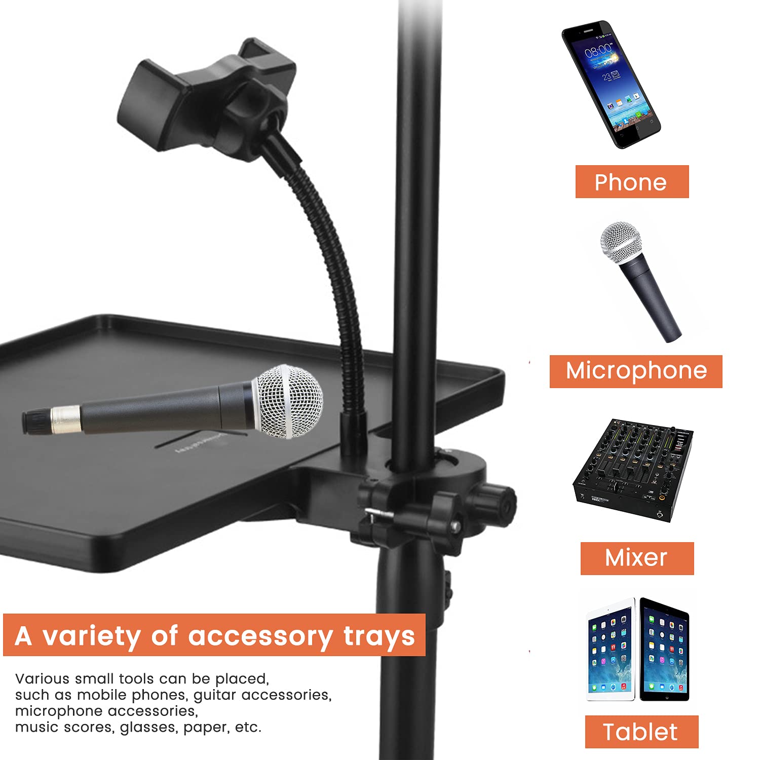 Phone holder Microphone Stand Tray, Clamp-On Rack Tray,Cell Phone Stand for Music Sheet,Compatible with Most Microphones Stands for Live Streaming,Karaoke, Recording