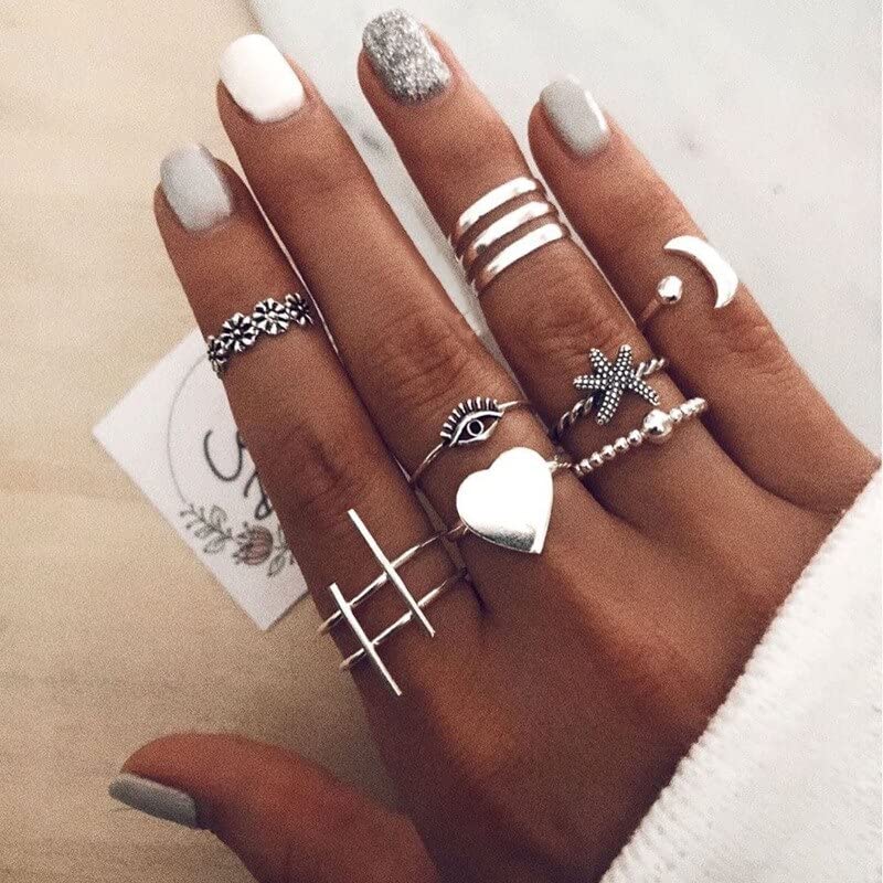 Sanfenly 85Pcs Silver Knuckle Rings Set for Women, Vintage Boho Punk Cross Butterfly Chain Finger Rings Stackable Rings Midi Rings Crystal Joint Finger Rings Pack