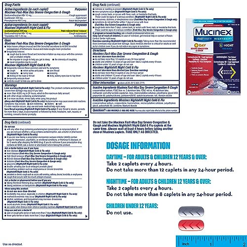 Mucinex Maximum Strength Fast-Max Day Severe Congestion & Cough & Nightshift Night Cold & Flu, Fast Release, Powerful Multi-Symptom Relief, 40 caplets (24 Day time + 16 Night time)