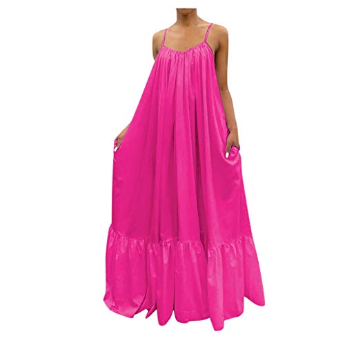 Pinkpaopao Solid Color Maxi Dress for Women Spaghetti Straps Sling Dress Ruched Ruffle Backless Tie Up Swing Dress