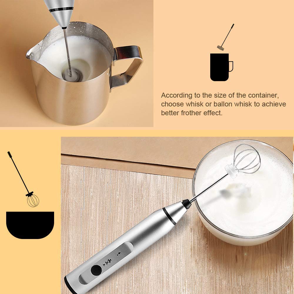 Milk Frother Handheld Foam Maker USB Rechargeable Coffee Frother with 2 Stainless whisks,3-Speed Adjustable Mini Blender for Cappuccino, Latte, Bulletproof Coffee, Egg Mix, Matcha, Hot Chocolate