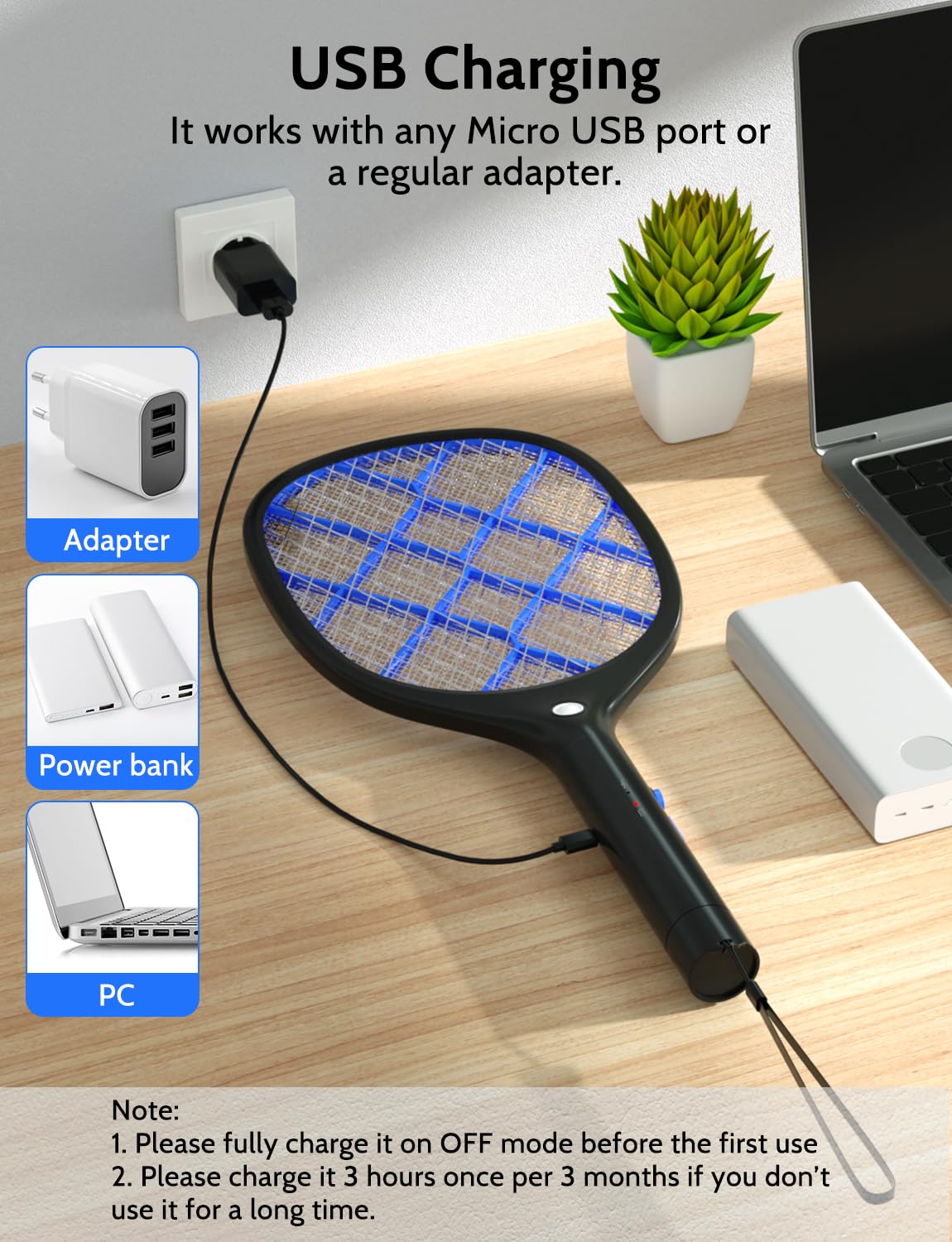 YISSVIC Electric Fly Swatter Bug Zapper Racket Rechargeable Mosquito Killer with LED Light for Indoor Home Office Backyard Patio Camping (Black)