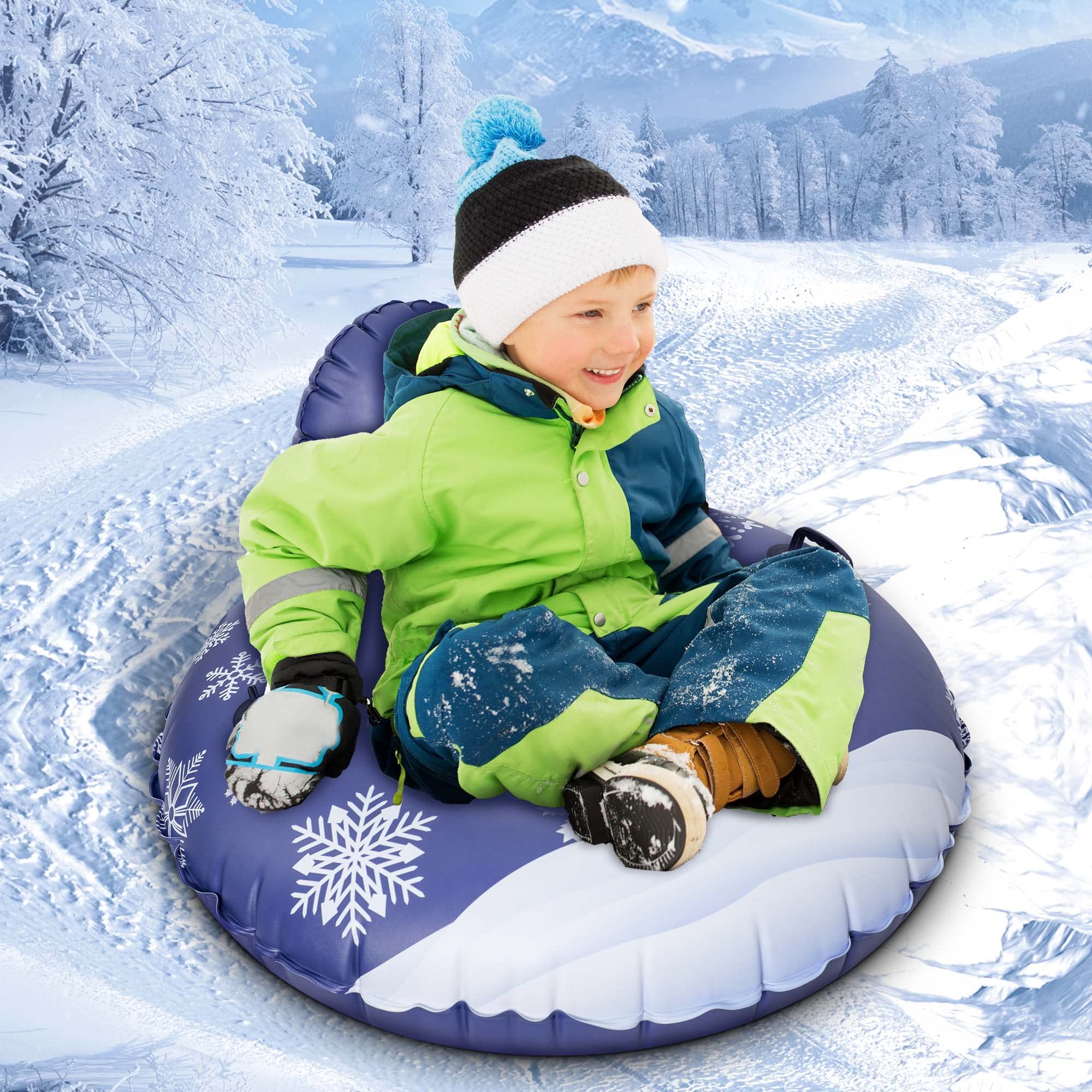 Snow Tube Sled, 47 Inch Thickened Inflatable Snow Sledding Tube with Backrest and Reinforced Handles for Winter Outdoor Fun