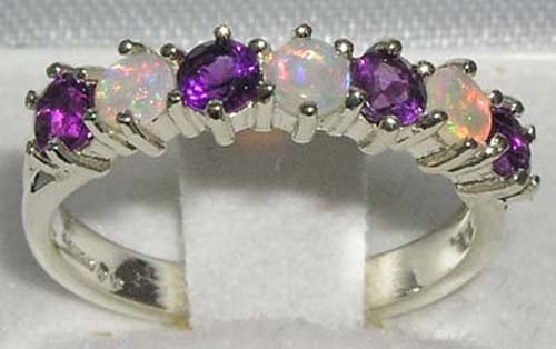 LetsBuyGold 925 Sterling Silver Natural Opal & Amethyst Womans Eternity Ring - Size 5.75