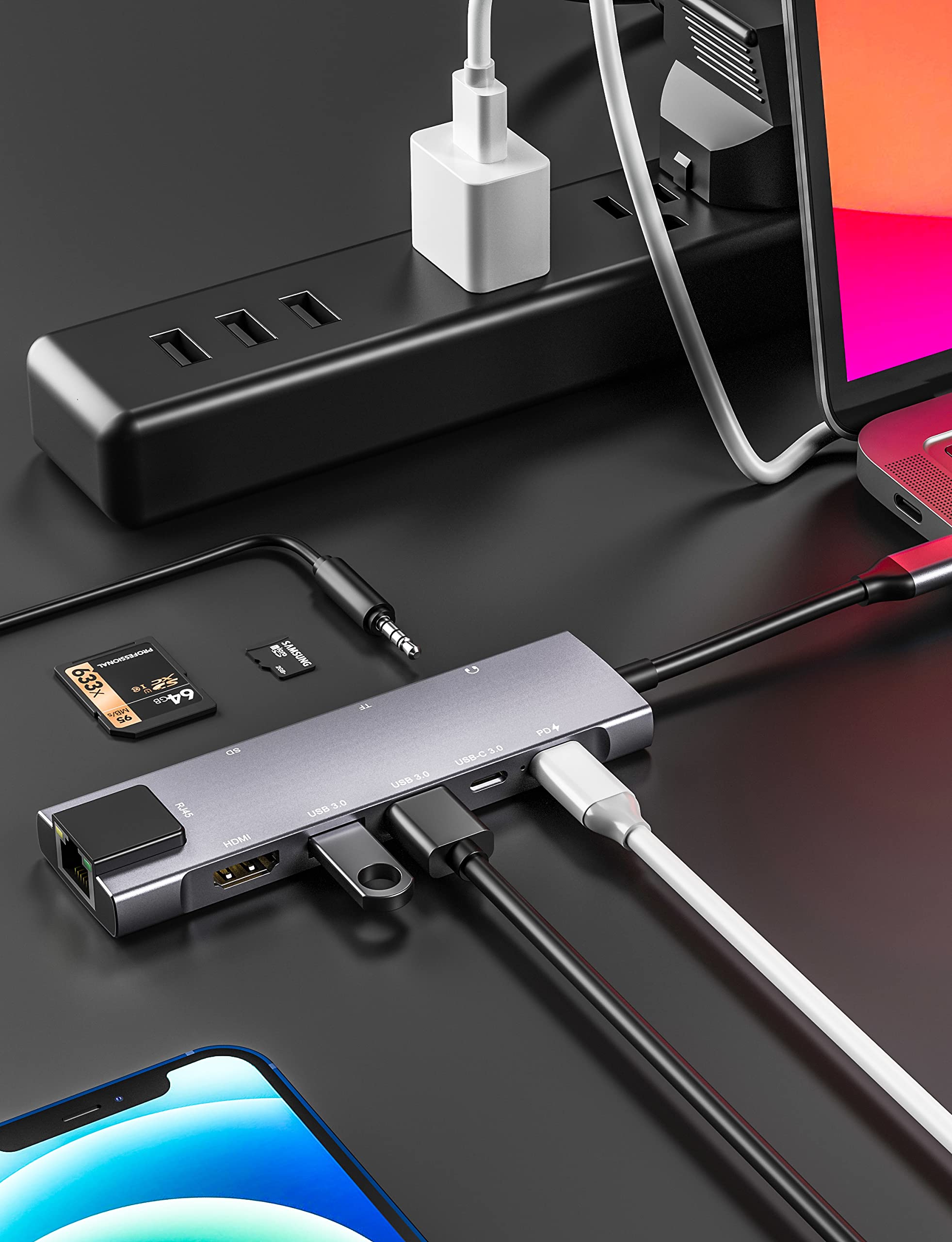 USB C Hub Mulitiport Adapter, 9-in-1 Hub with 1Gbps Ethernet,4K@30Hz HDMI,100W Power Delivery, 2 USB 3.0,SD/TF Card Slots,3.5mm Jack,USB-C3.0 Data, for MacBook Pro/Air iPad Pro M1/M2,Chromebook