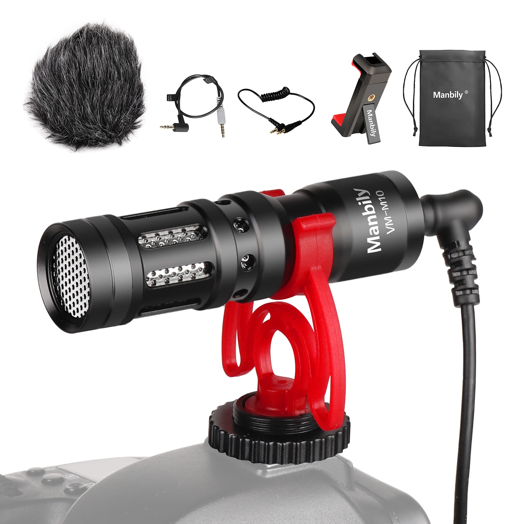 Manbily Universal Shotgun Video Microphone with Shock Mount Windscreen Phone Clip 3.5mm Conversion Cable,Compact Mic Compatible with DSLR Cameras iPhone/Android Smartphones for Audio Recording VM-M10