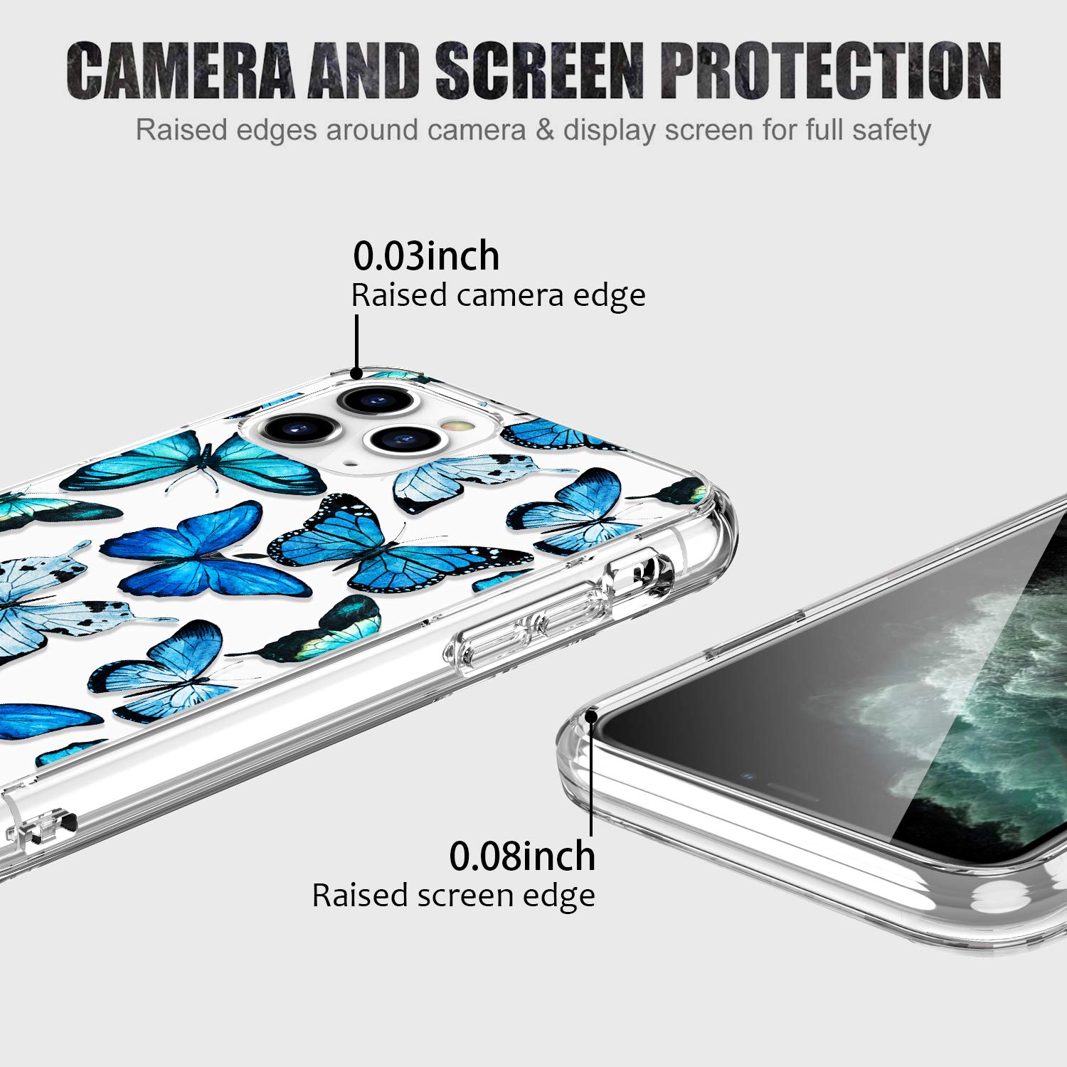 LUHOURI Designed for iPhone 11 Pro Max Case with Screen Protector - Slim Fit, Sturdy Clear Acrylic Cover for Women and Girls - Protective Phone Case 6.5" - Floral Blue Butterflies