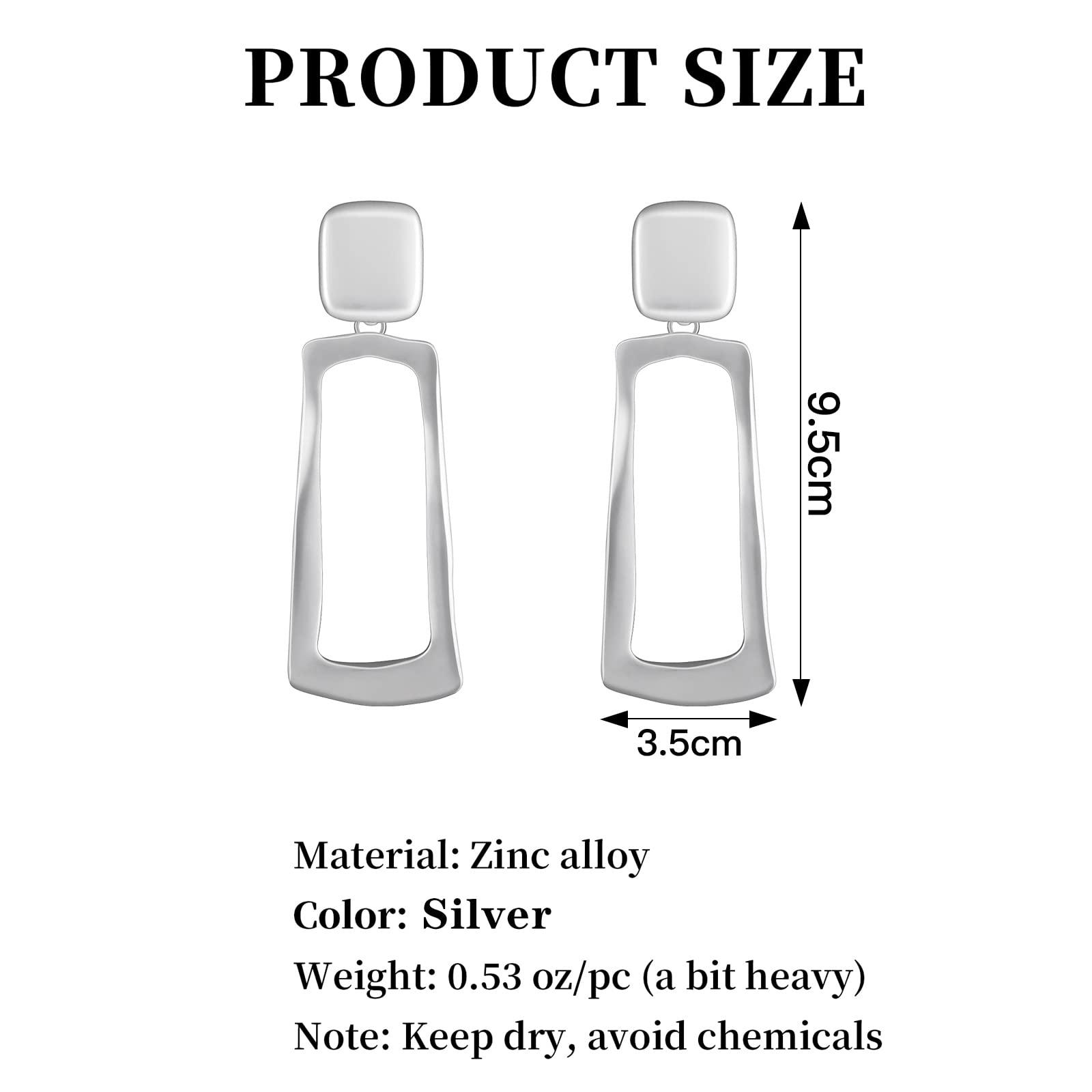 Rectangle Silver Dangle Earrings Alloy Big Long Silver Statement Earrings Prom Simple Hypoallergenic Fashion Dangle Earrings for Women