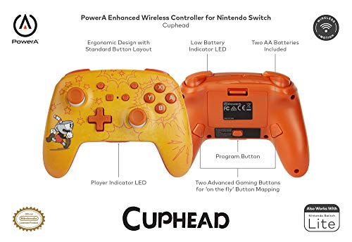 PowerA Enhanced Wireless Controller for Nintendo Switch - Cuphead, Nintendo Switch Lite, Gamepad, Game Controller, Bluetooth Controller, AA - Nintendo Switch