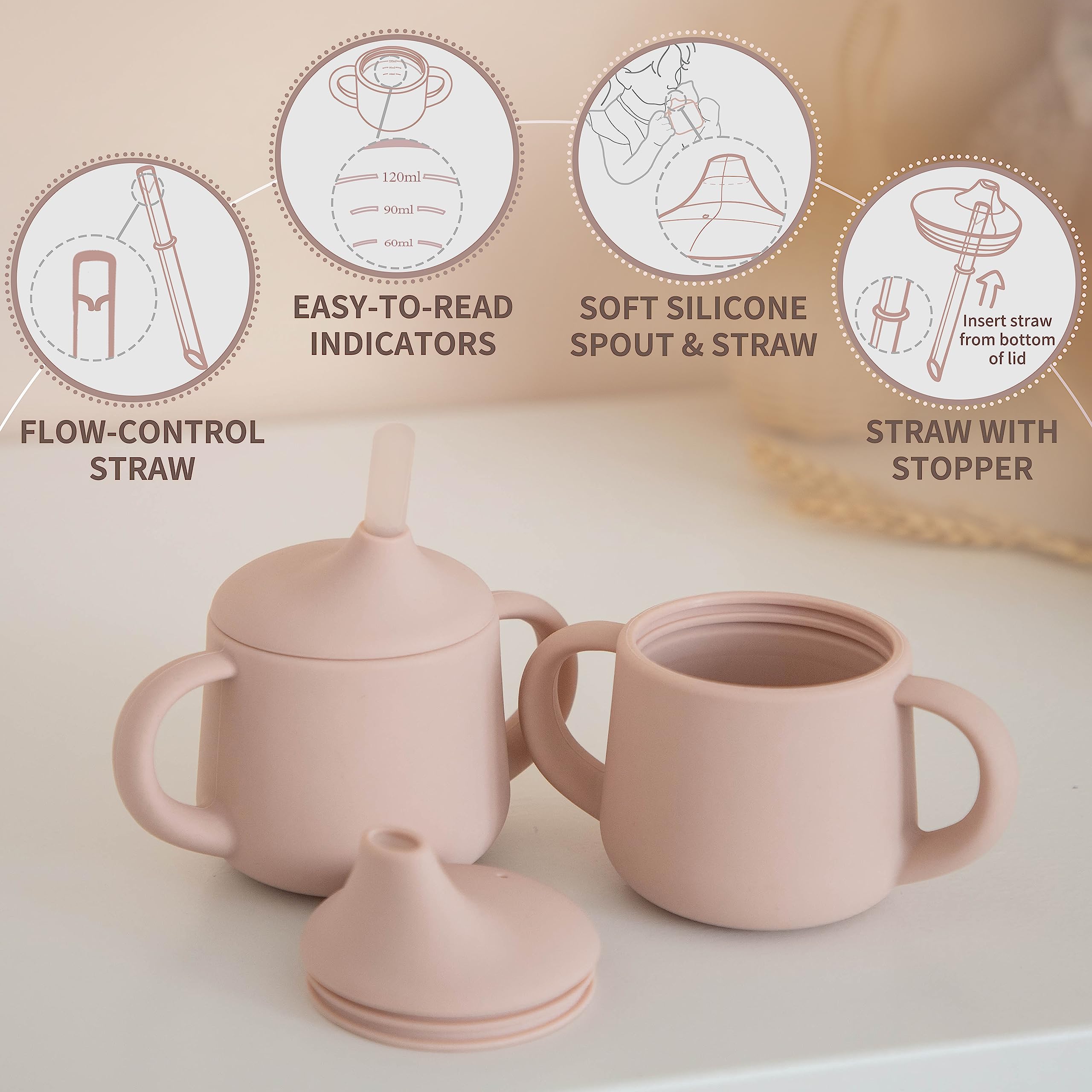 Moonkie Silicone Baby Sippy Cups | 3 Stages Training Cup Straw Cup for Infants Toddlers and Kid, 4 oz (Ether)