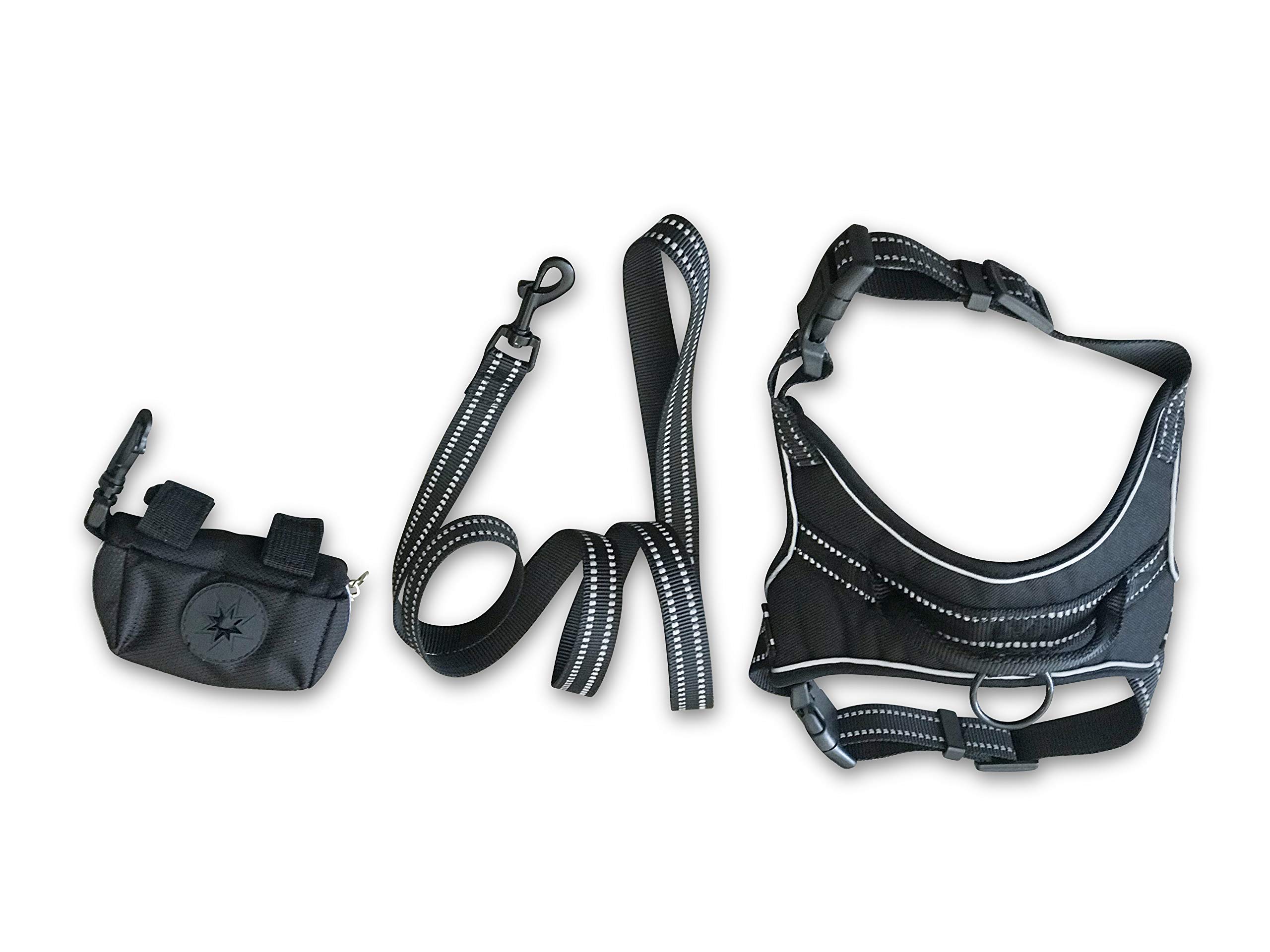 QualityVibe Dog Harness Kit Includes Leash & Waste Bag Holder. Breathable & Padded Material Great Gift for New Dog Owner. Reflective for Night Walk. (Medium, Black)