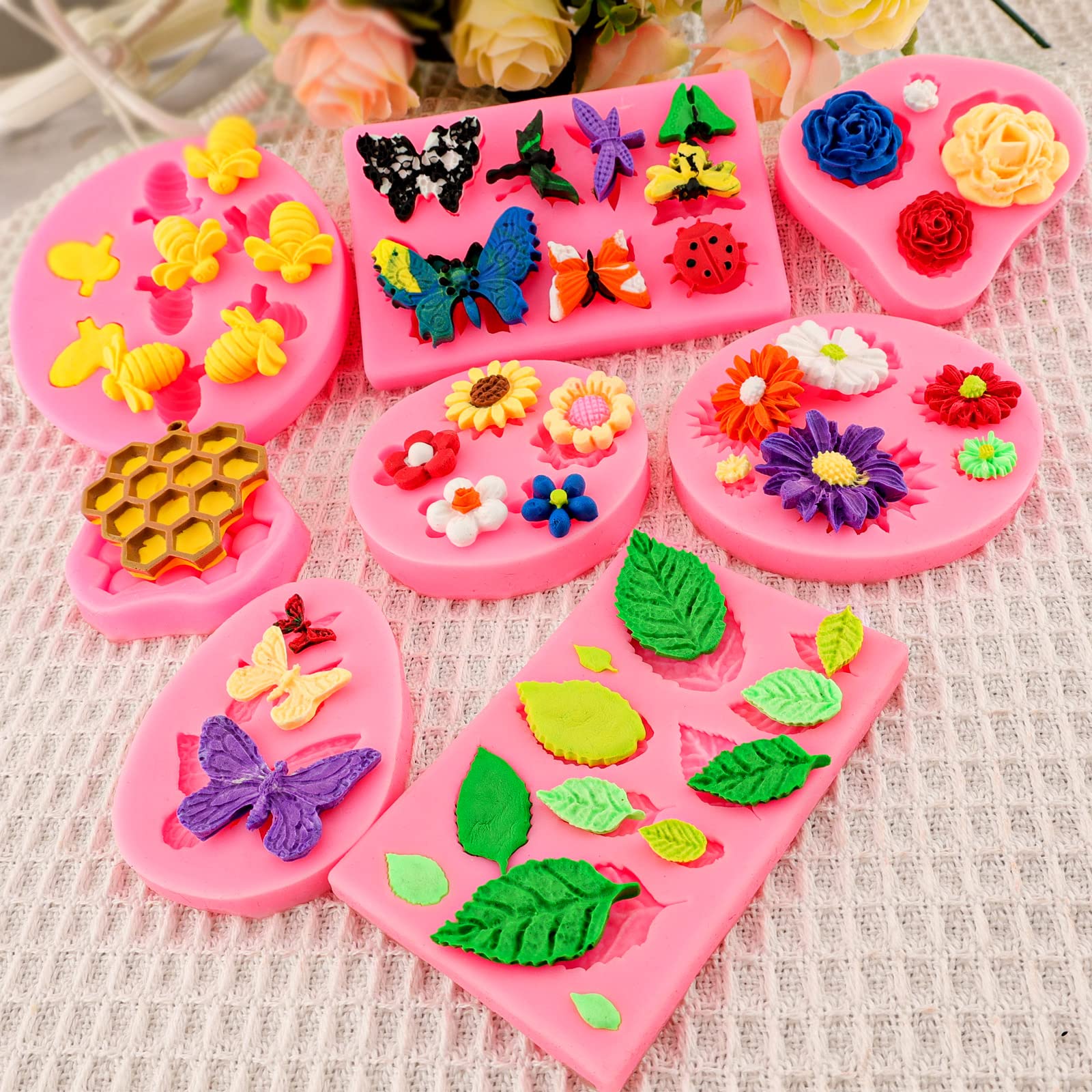 Silicone Mold Flower 8pcs Chocolate Fondant Polymer Clay Candy Gummy Mold,Rose Leaf Butterfly Bee Honey Shaped Silicone Molds for DIY Cake Cupcake Decor Craft