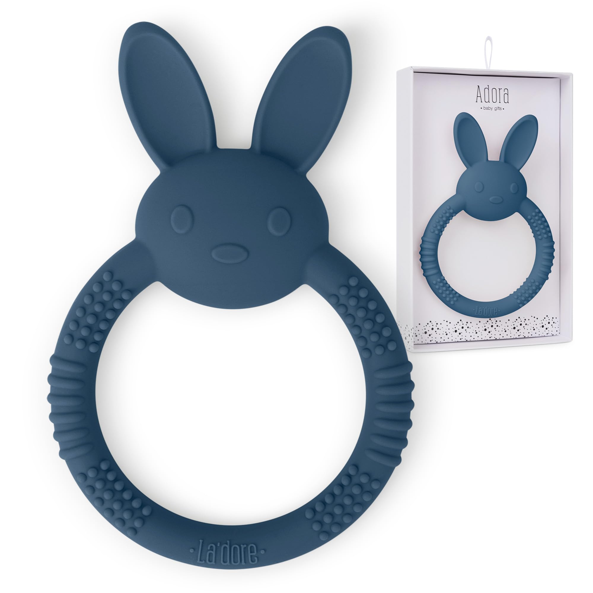 Silicone Baby Bunny Teething Toys - Silicone Teether Toys for Babies 0-6 Months - Cute Animal-Shaped Teething Relief, Easy to Clean Teething Ring - Newborn Essentials Must Have (Bunny/Denim)