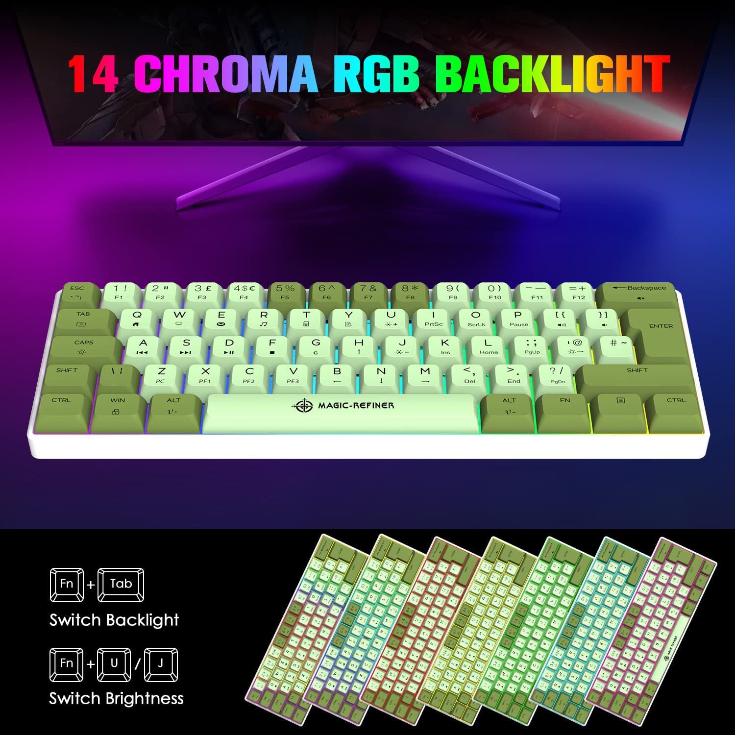 Small Mechanical Gaming Keyboard Type-c Wired with PBT Dye-subbed Keycaps Rainbow RGB Backlit 60% Layout Full Anti-Ghosting 62 Key Ergonomic for Typist Laptop PC Mac Gamer (Green Mix/Red Switch)