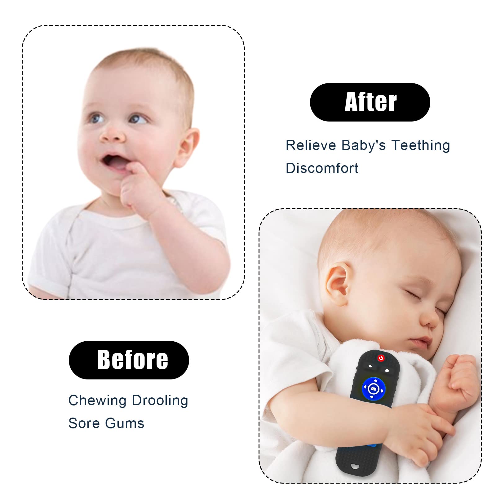 Silicone Baby Teething Toy Remote Control Shaped Baby Teether with a Cute Pacifier Clip Chain Soft Baby Chew Toys Early Sensory Education Molar Toy for Babies 3-18 Months (Black)