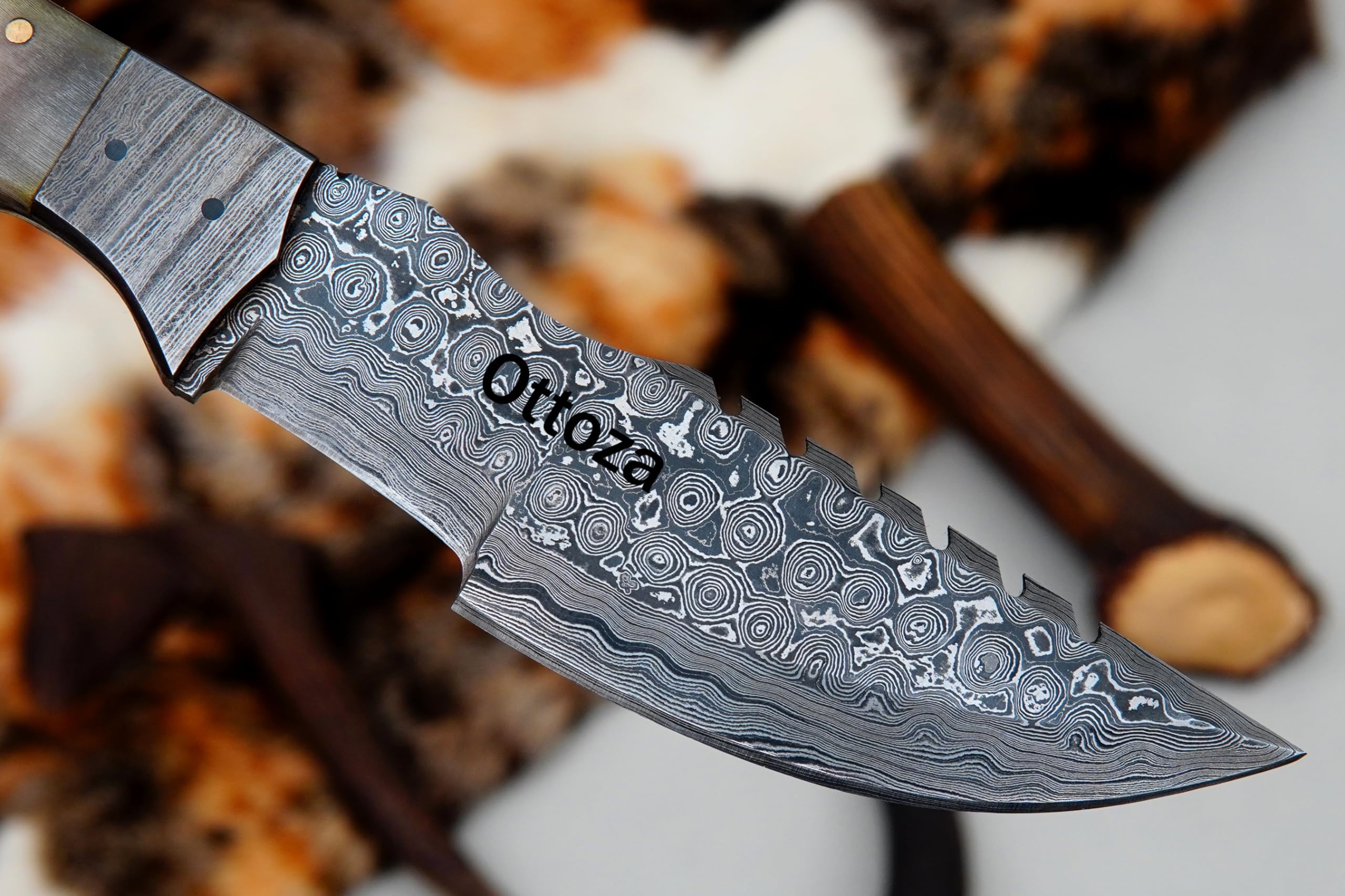 Ottoza Tracker Knife & Ram Horn Handle - Damascus Hunting Knife - Horizontal Carry Knife Sheath 262
