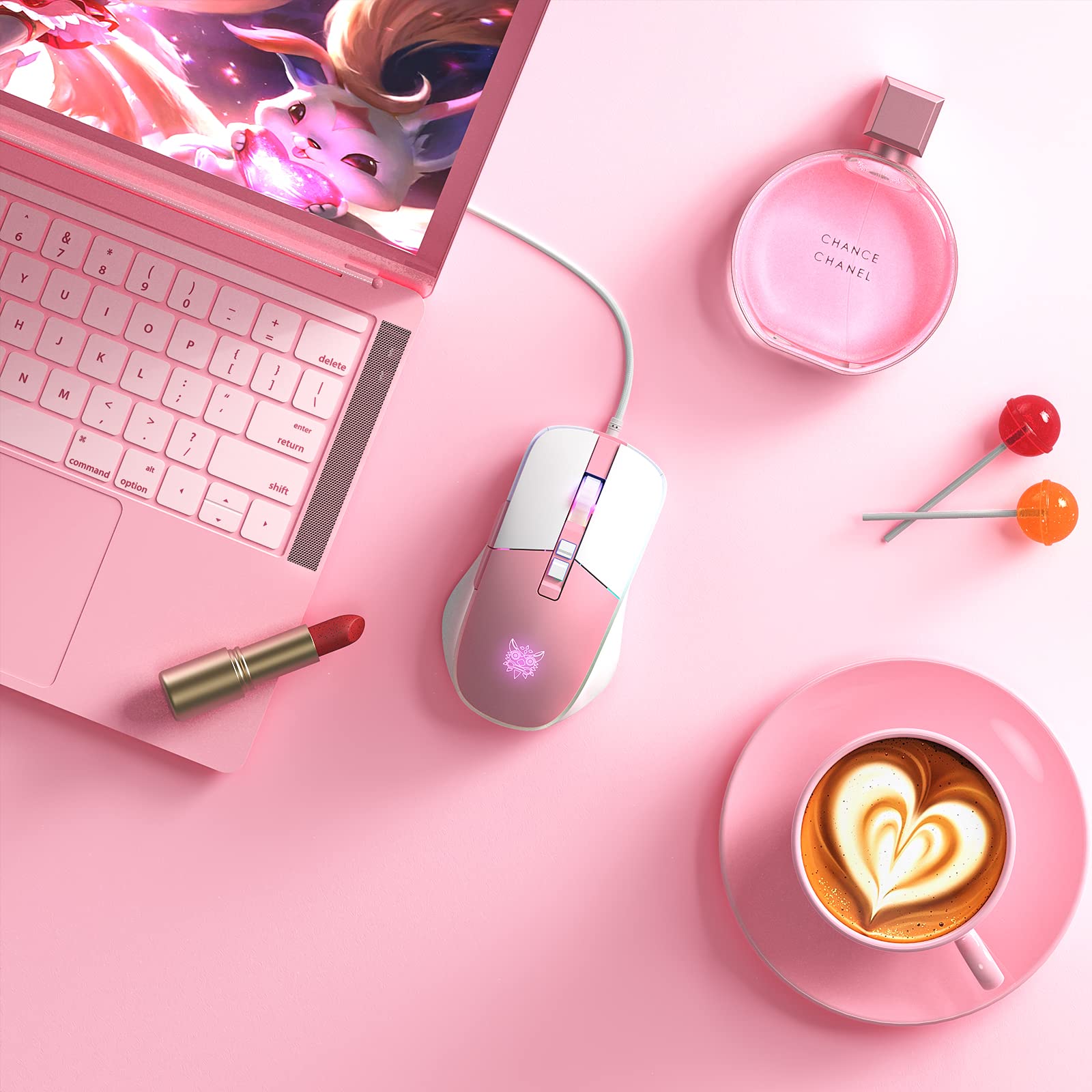 Pink Mouse Ergonomic Gaming Wired Mouse, Color-Blocking Design Mice with 6 Adjustable DPI Up to 7000 and 13 Color Backlight, Pink PC Gaming Mice for Office/Windows/Mac and Laptop (CW916)