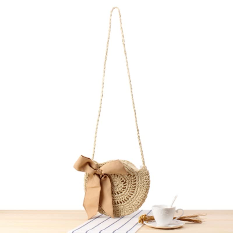 TJLSS Summer Round Bag Beach Wind Bow Crossbody Woven Bag Handmade Crochet Female Bag Beach Bag