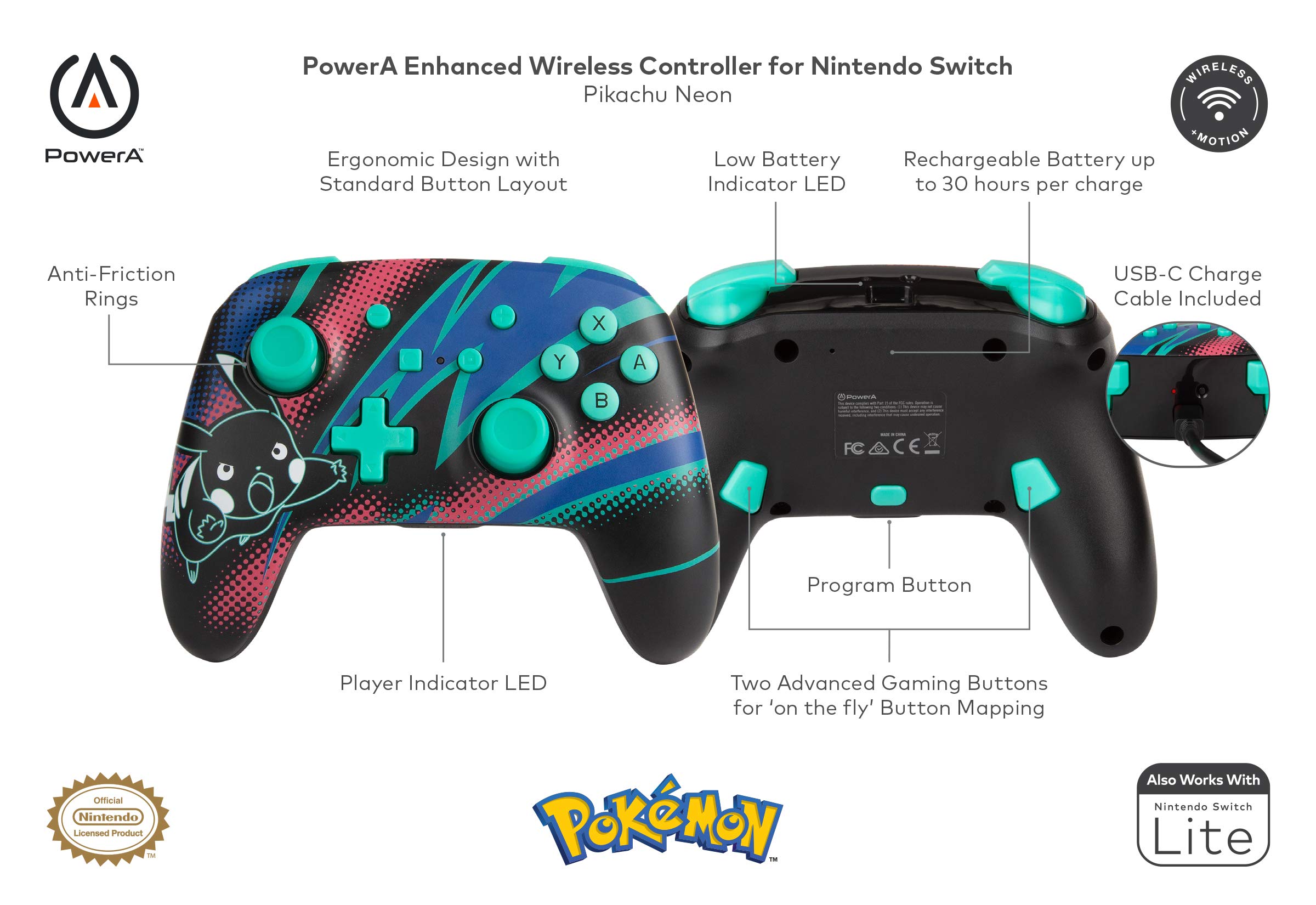 PowerA Pokemon Enhanced Wireless Controller for Nintendo Switch - Pikachu Neon
