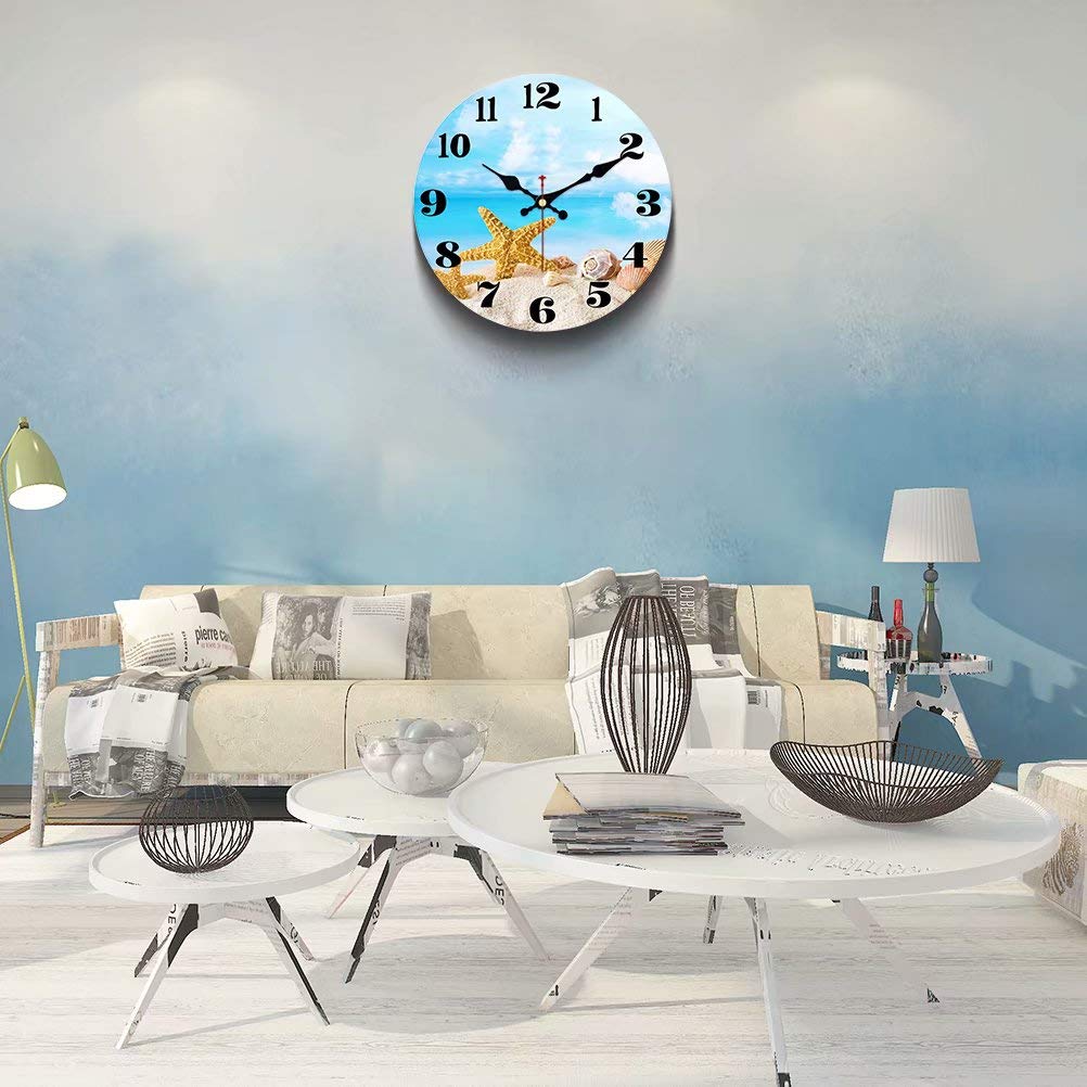 MEISTAR Modern Style Non-Ticking Silent 14 Inch Wood Wall Clock,Office and School Decorative Big Round Easy to Read Starfish Sea Creatures Becah Pattern Wall Clock
