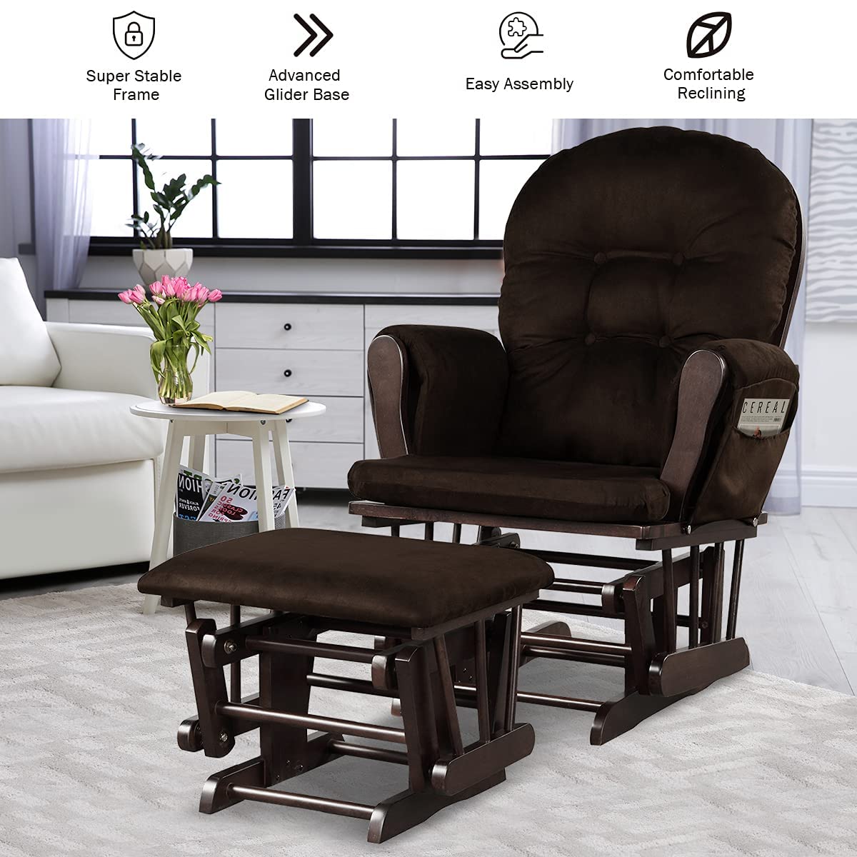 Solid Wood Construction, Incredibly Smooth Quiet Gliding, Soft Skin-Friendly Fabric, Baby Nursery Relax Rocker Rocking Chair Glider and Ottoman Set Super Soft Cushion, Extra Storage Pocket, Brown