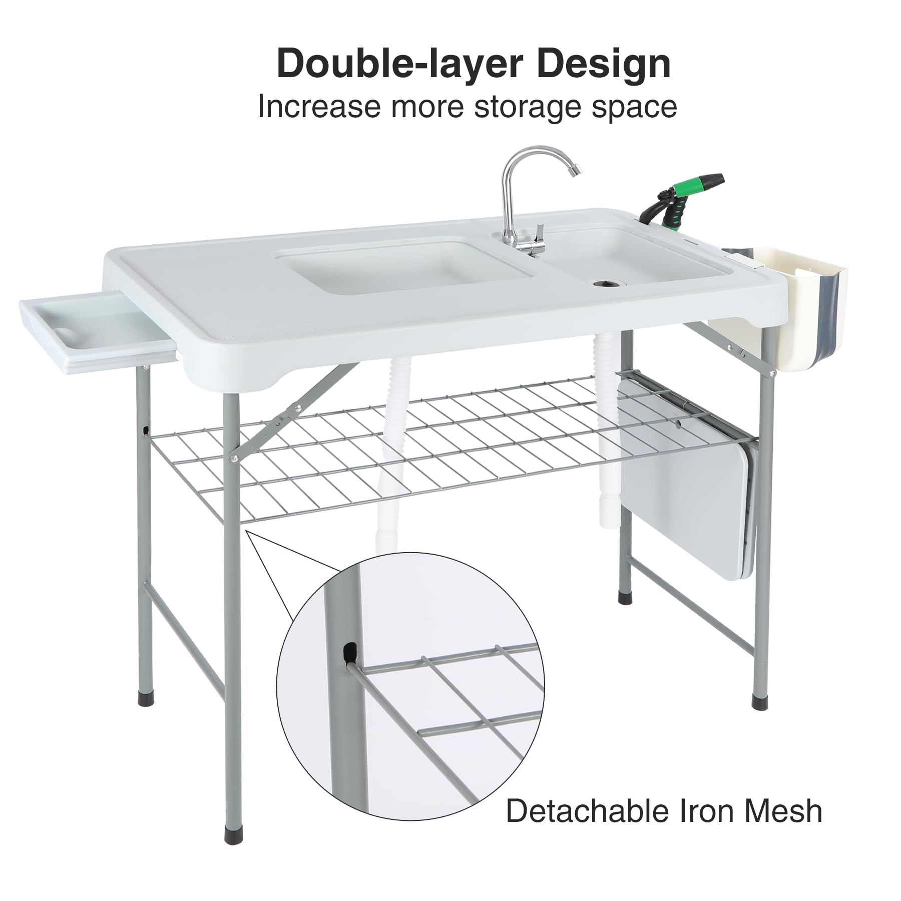 REDCAMP 39.4" Folding Fish Cleaning Table with Double Sink & Faucet, Portable Outdoor Fish Fillet Cleaning Station for Camping or Kitchen