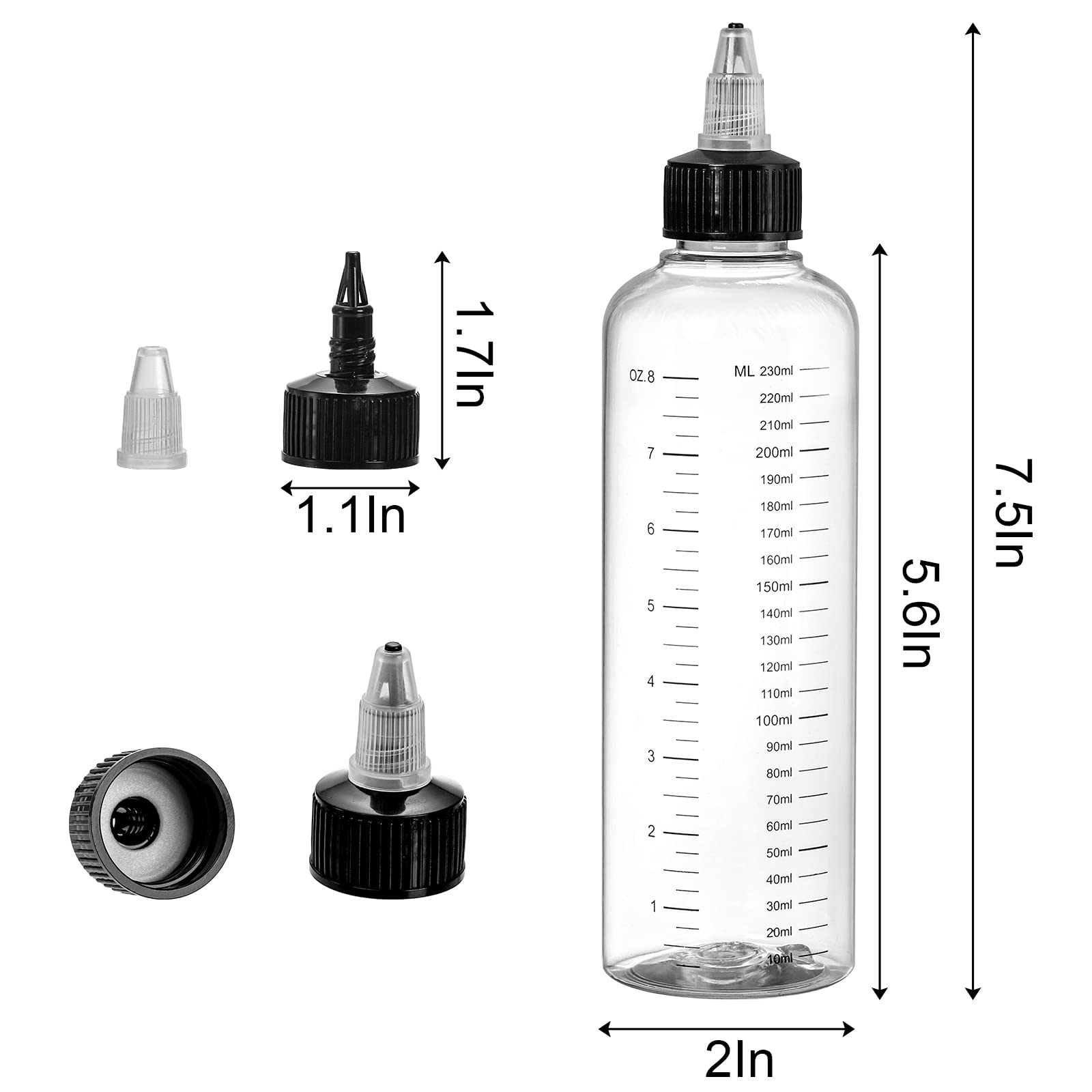 WUWEOT 20 Pack 8.5 oz Graduated Boston Dispensing Bottles, 250ml LDPE Plastic Squeeze Bottles, Empty Dropper Water Liquid Bottles with Twist Caps for Paint, Glue, Crafts, Ink, Liquids, Oil